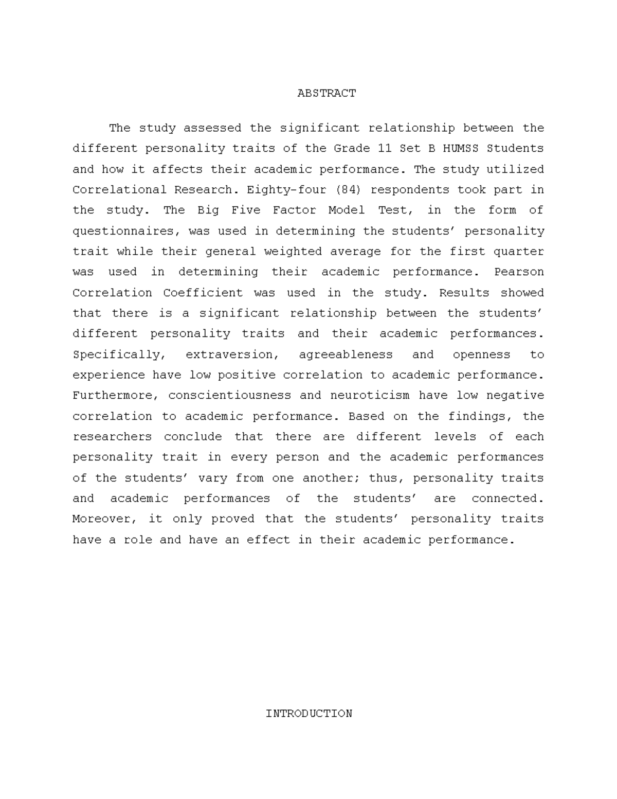 Research 1 - ABSTRACT The study assessed the significant relationship ...