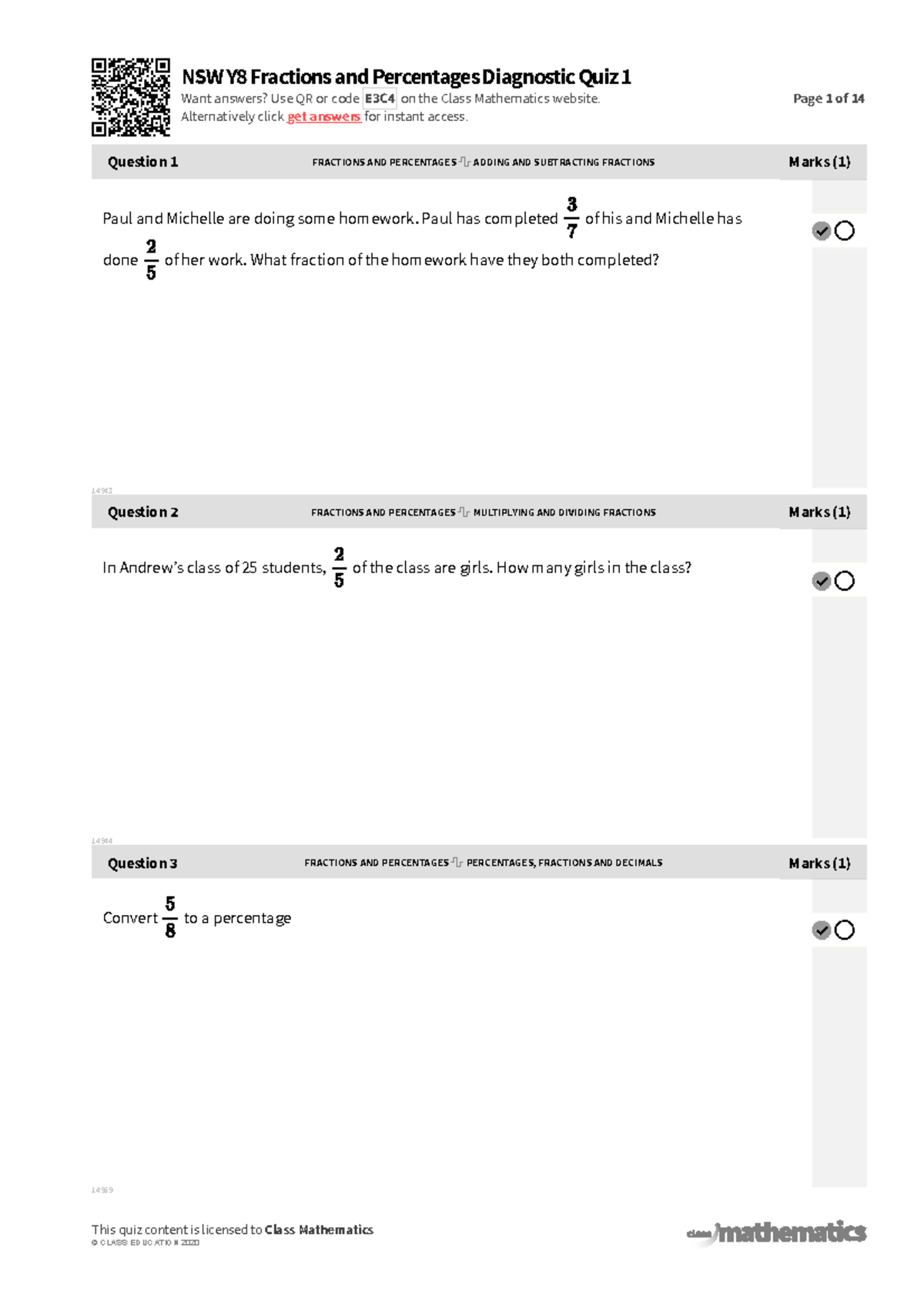NSW Y8 Fractions and Percentages Diagnostic Quiz 1 9280 - Question 1 ...