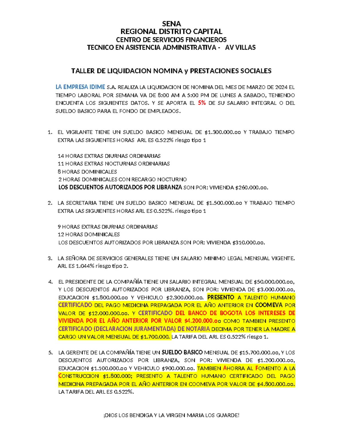 Taller Liquidacion DE Nomina y Prestaciones Sociales Marzo 2024 - SENA ...