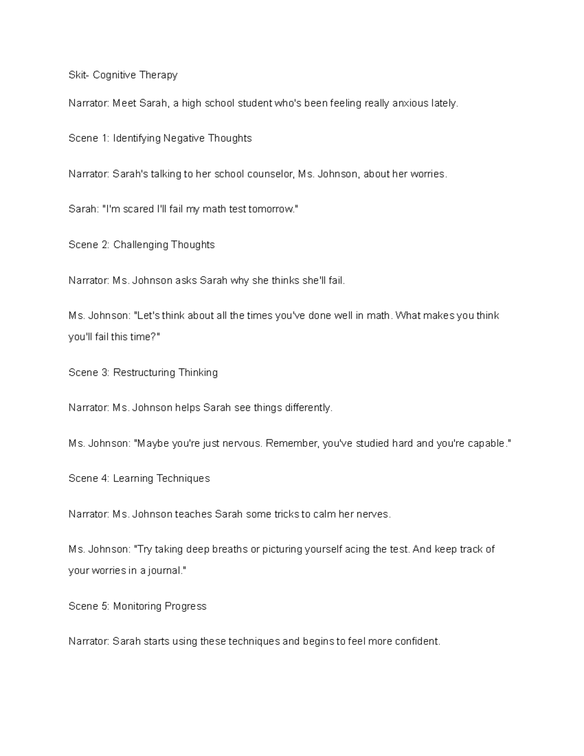 Skit- Cognitive Therapy - Skit- Cognitive Therapy Narrator: Meet Sarah ...