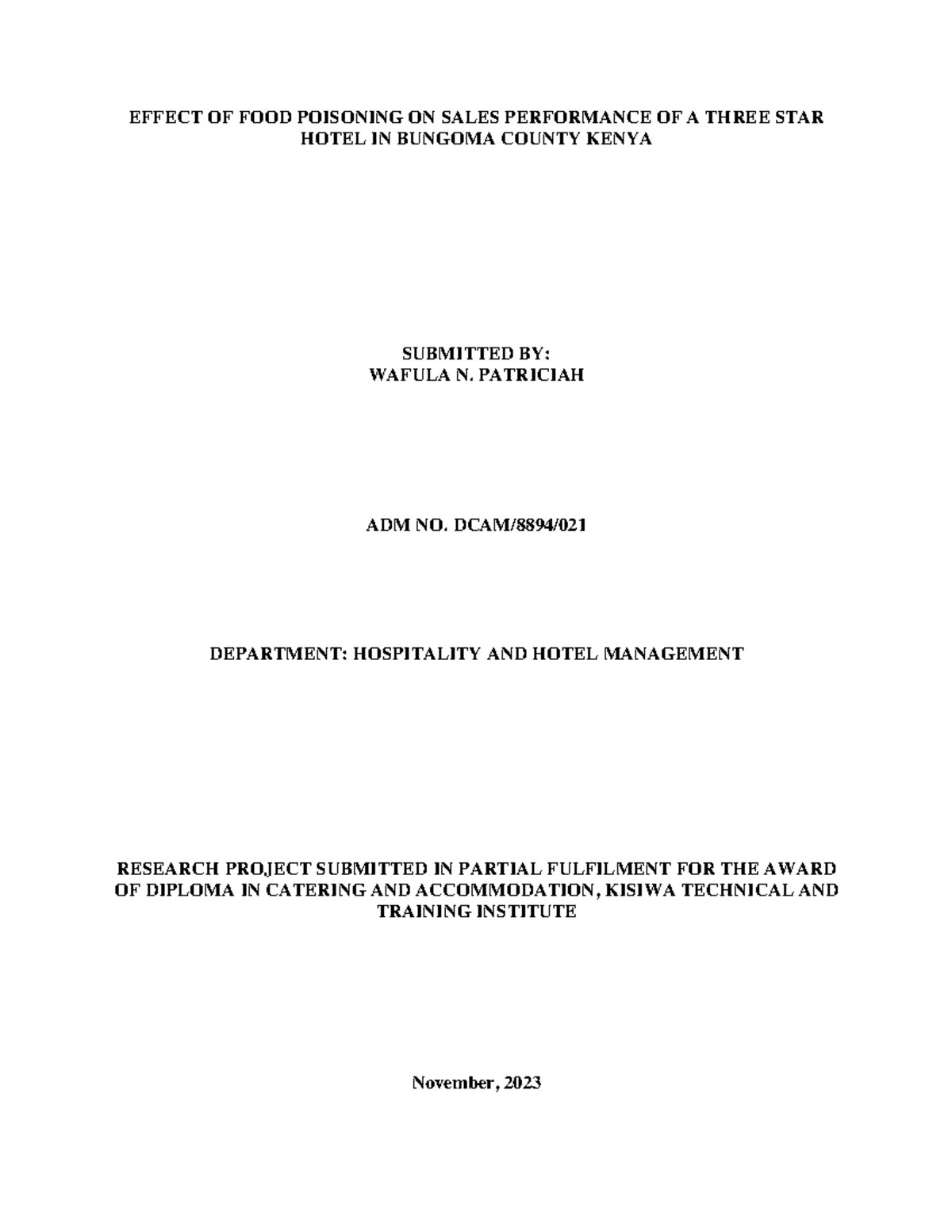 Patriciah Research Project - EFFECT OF FOOD POISONING ON SALES ...
