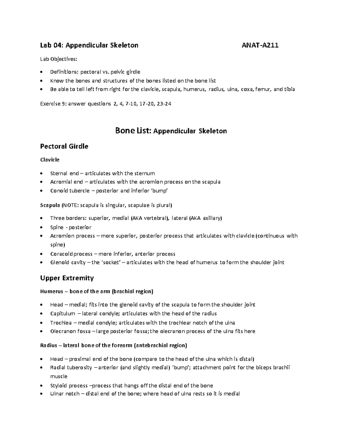 Lab 04 Outline - Lab 04: Appendicular Skeleton ANAT-A Lab Objectives: Definitions: pectoral vs ...