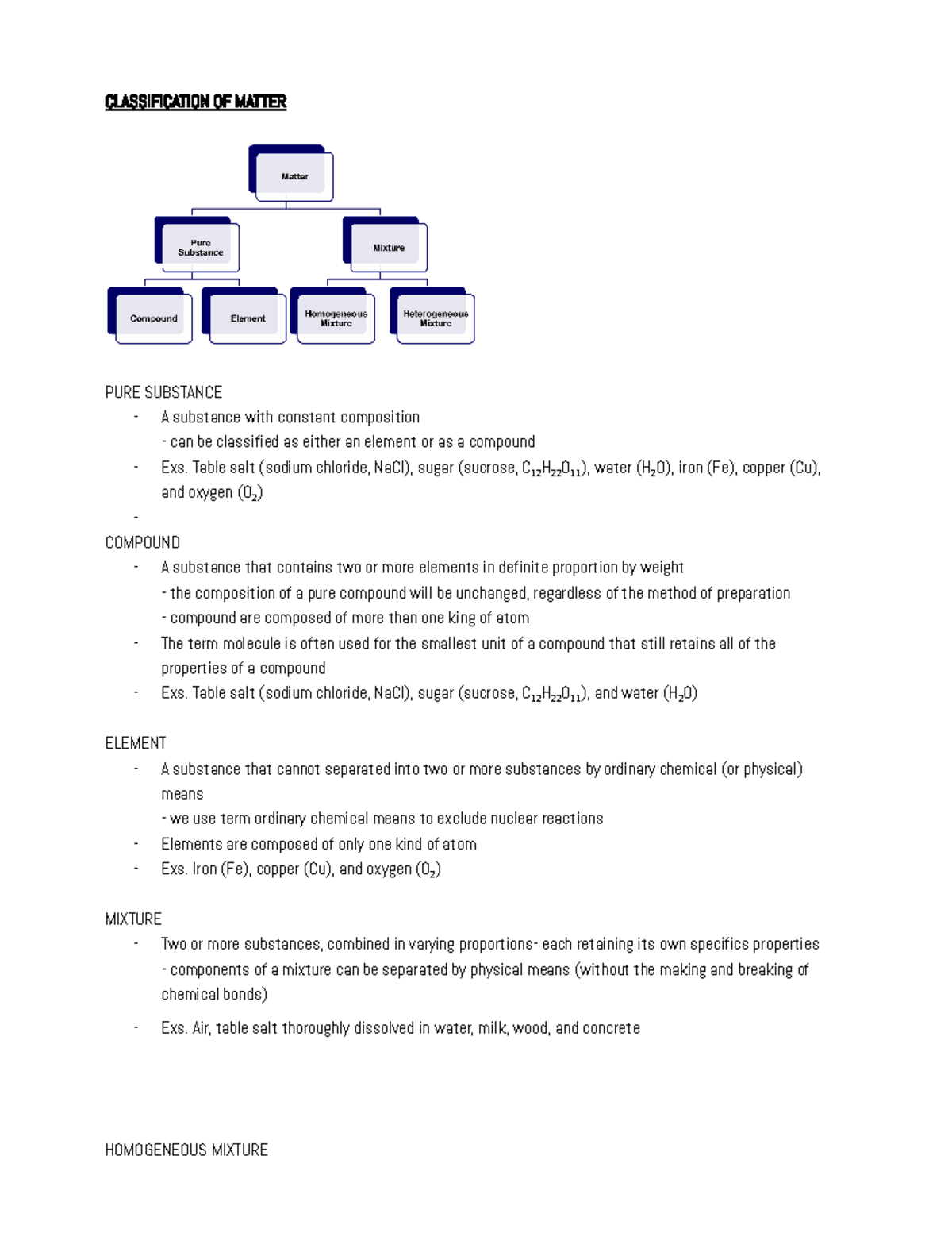 Chemistry Review - CLASSIFICATION OF MATTER PURE SUBSTANCE A substance ...
