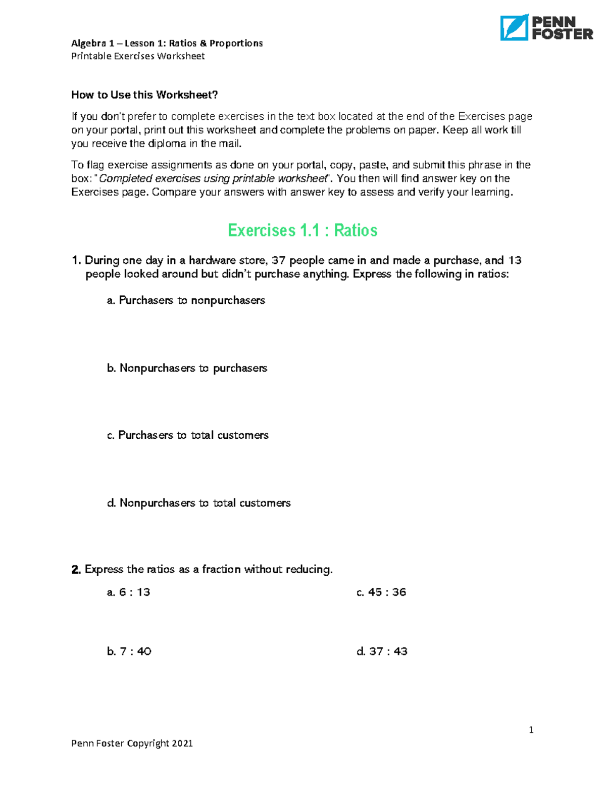 Printable Exercise Worksheet - Lesson 1 - 1.1 - 1.6 (Version 2 ...