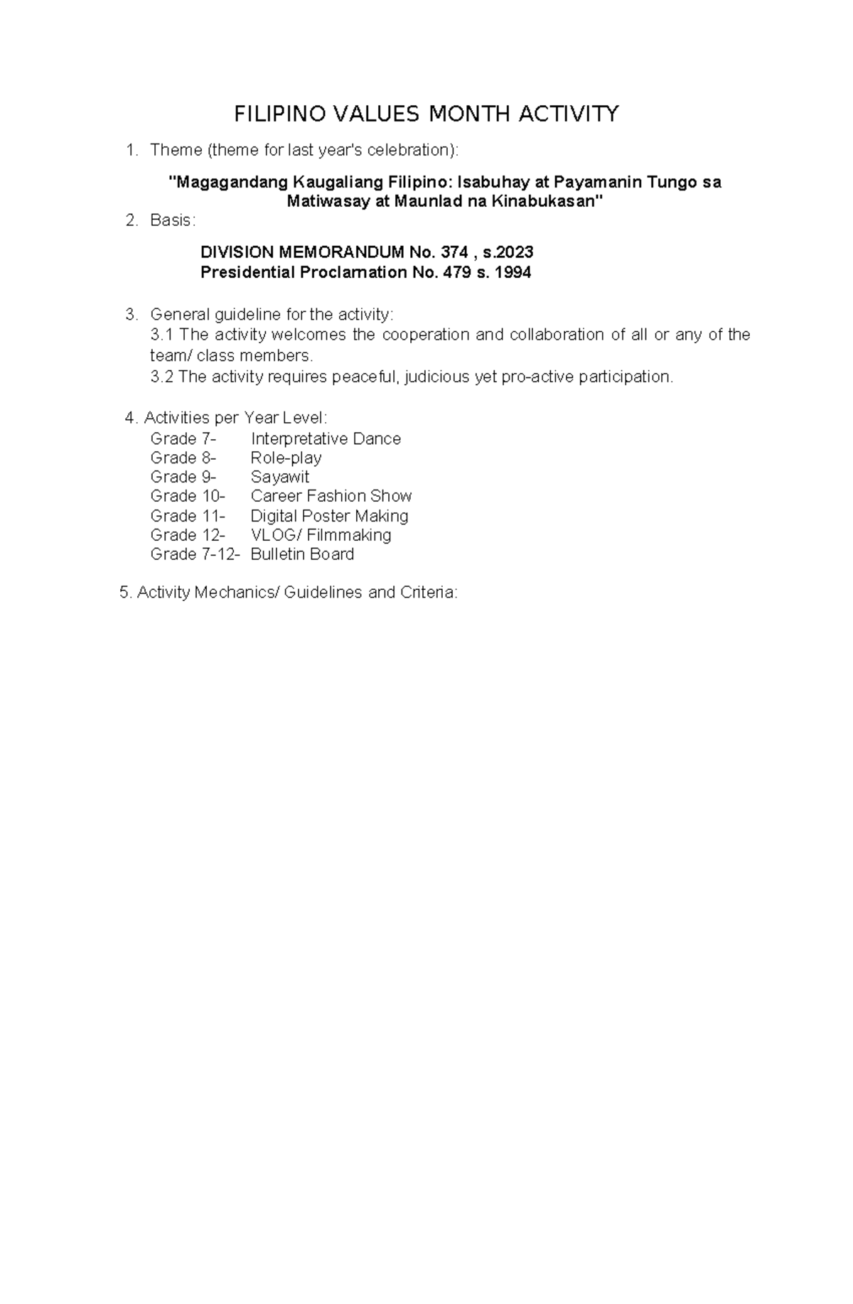 FVM2023: Values Month - FILIPINO VALUES MONTH ACTIVITY Theme (theme for ...