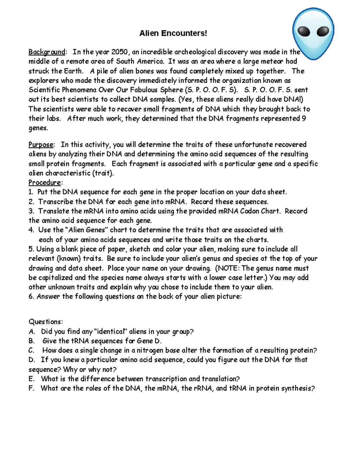 Alien Encounters - Biology class assignment - Alien Encounters ...