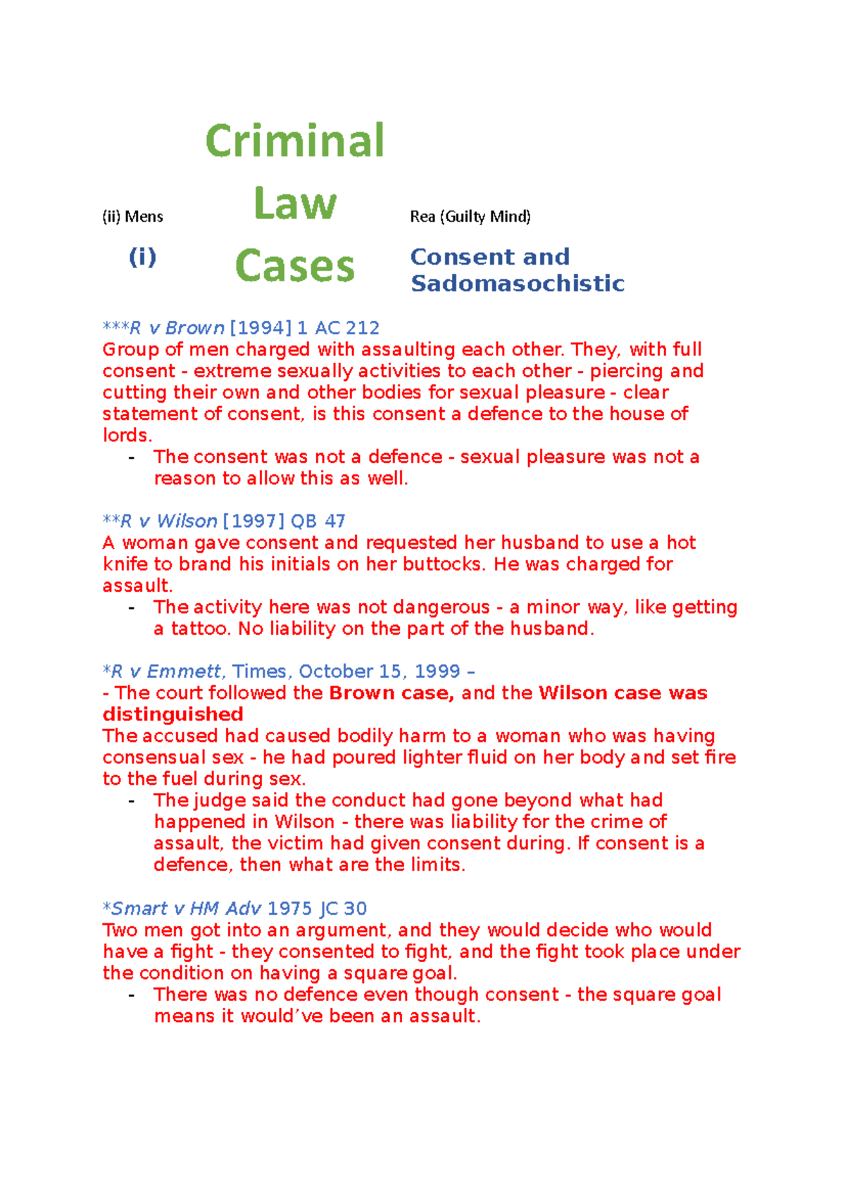 Criminal Law Cases - (ii) Mens Rea (Guilty Mind) (i) Consent and ...