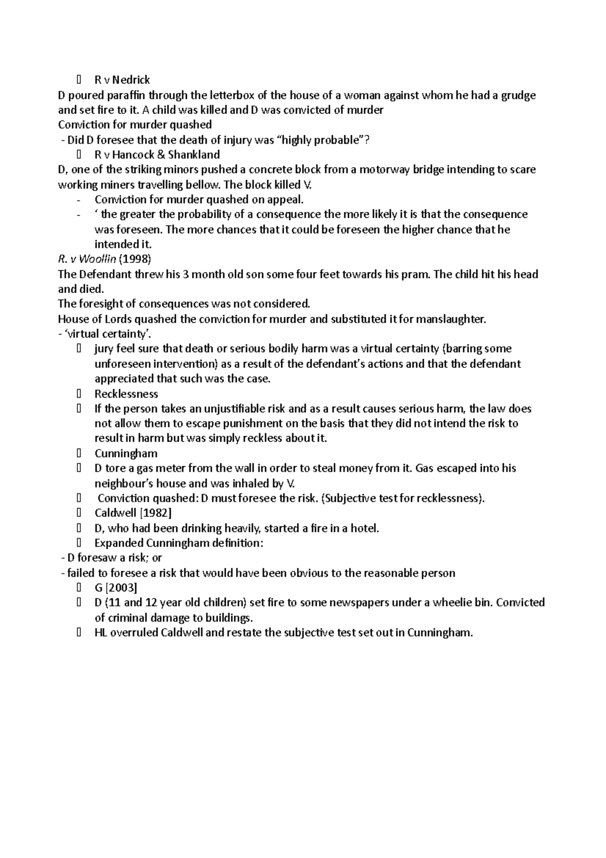 Foundations of Criminal Law Lecture 5 - ́ R v Nedrick D poured paraffin ...