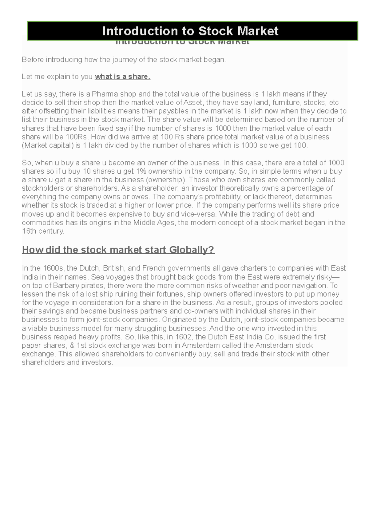 How stock market was introduced - Introduction to Stock Market Before ...