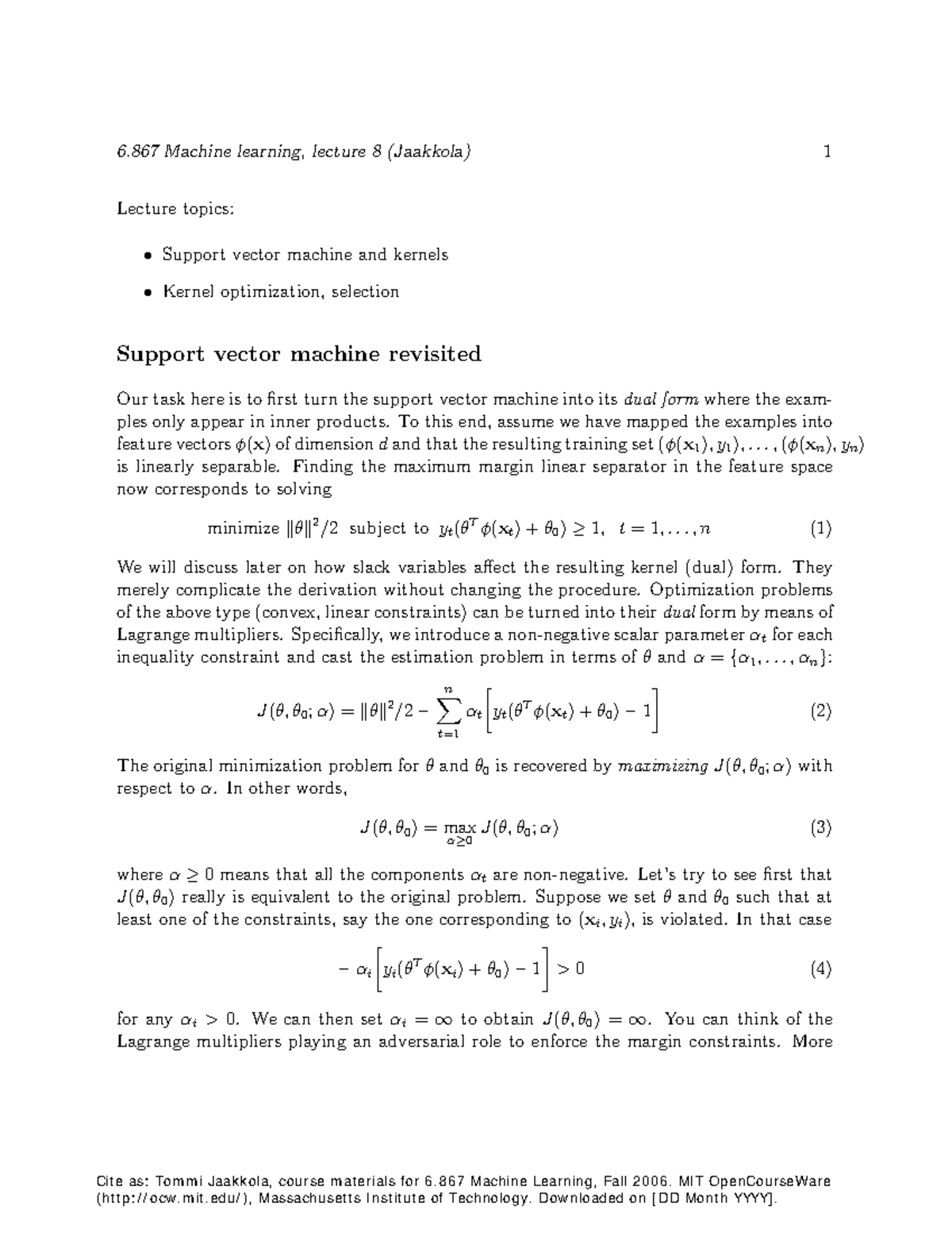 Lec8 - Lecture topics: Support vector machine and kernels Kernel optimization, selection - Studocu