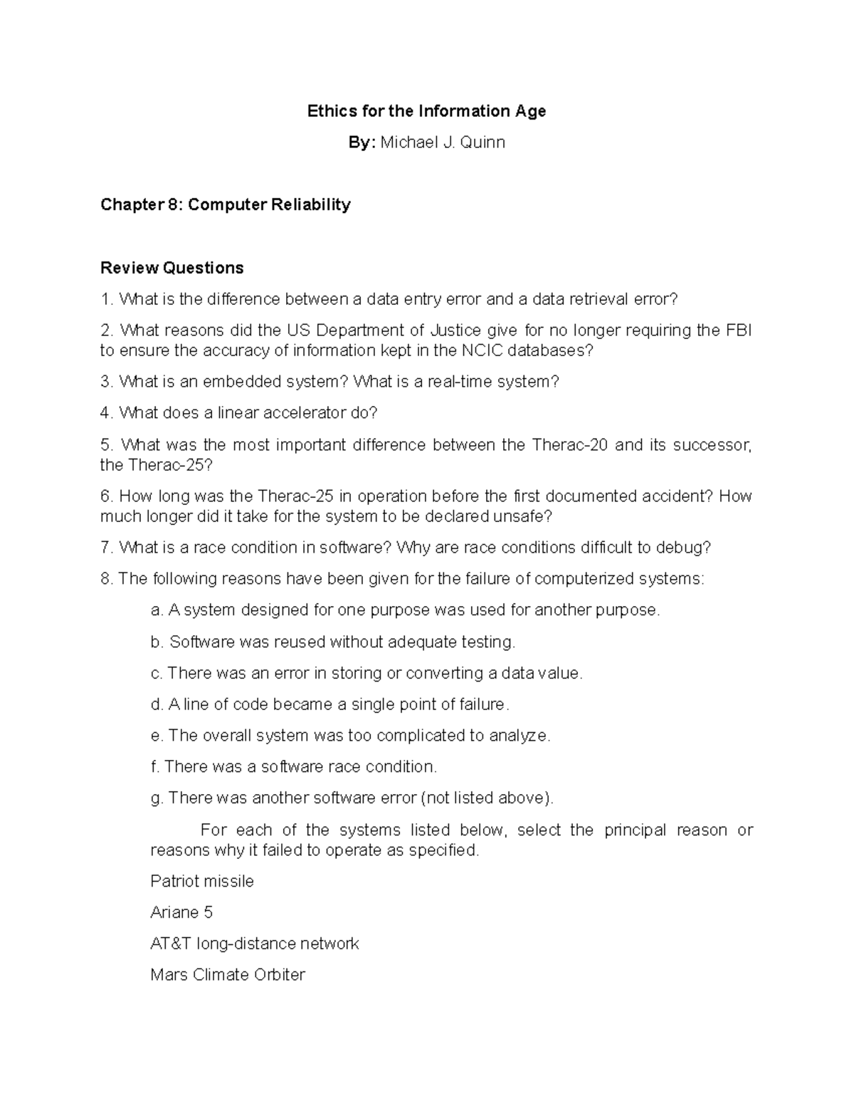 Computer Reliability In Class Exercises Review and Discussion Questions ...