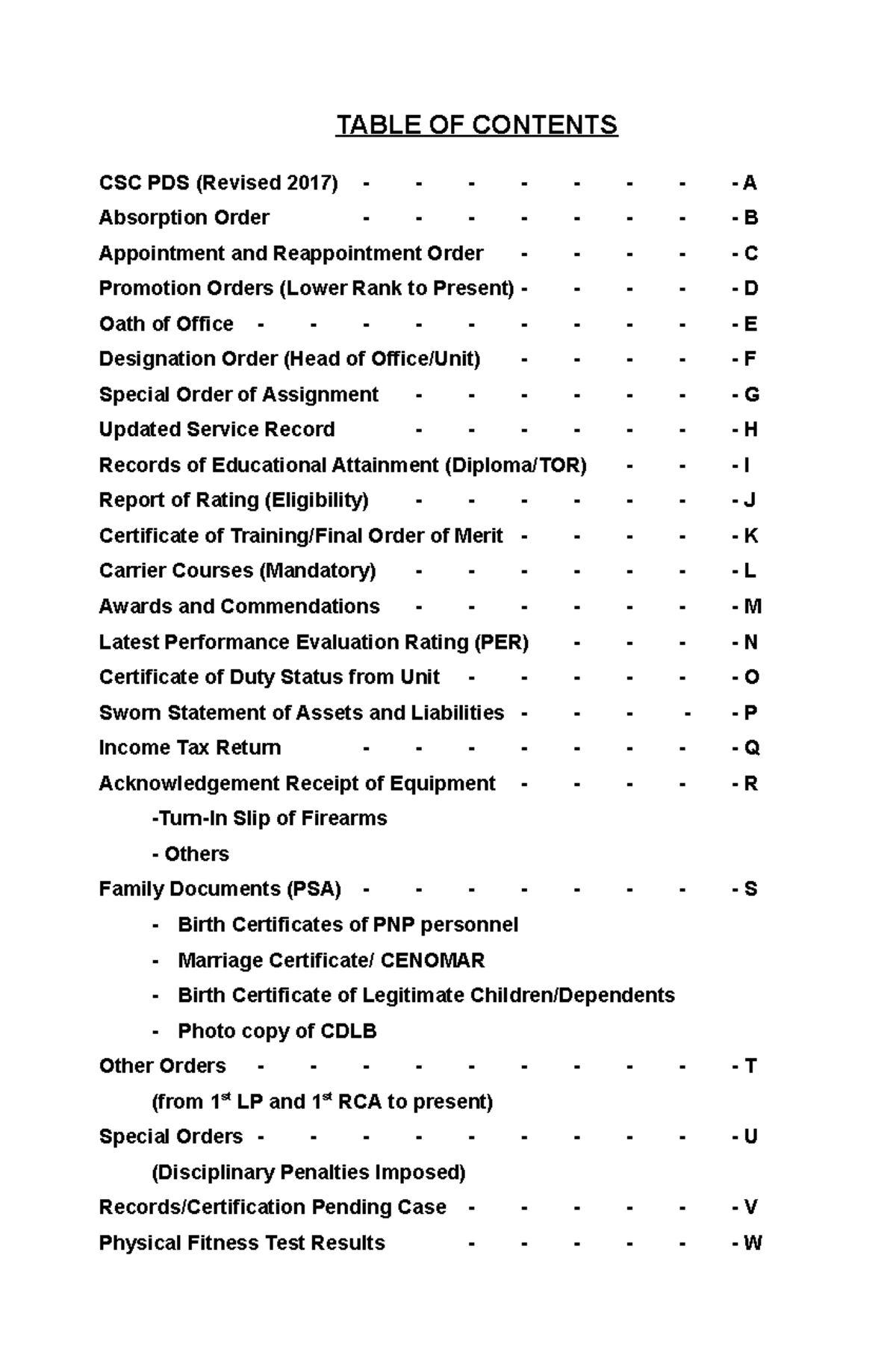 Table-OF- Contents - PPF TABLE - TABLE OF CONTENTS CSC PDS (Revised ...