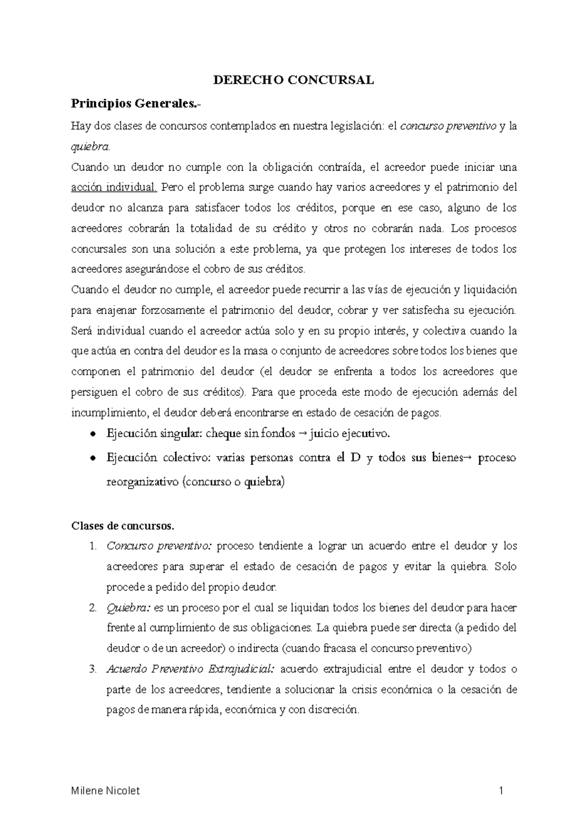 Derecho Concursal - RESUMEN CORTO DE LOS TEMAS CENTRALES ...