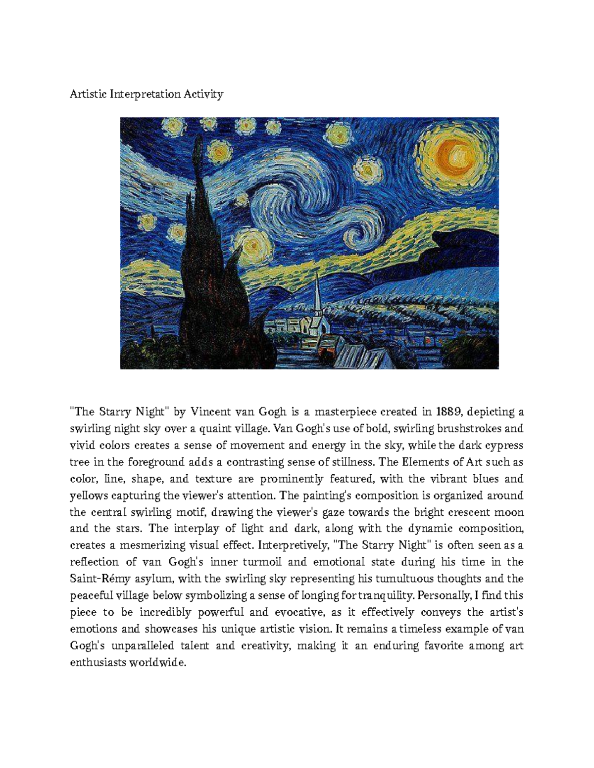 Artistic Interpretation Activity - Artistic Interpretation Activity ...