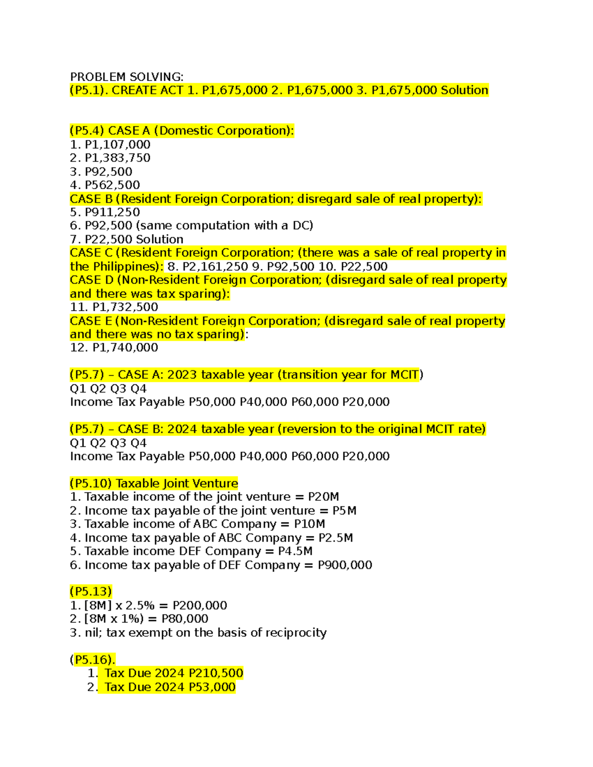 Corporate Taxation - PROBLEM SOLVING: (P5). CREATE ACT 1. P1,675,000 2 ...