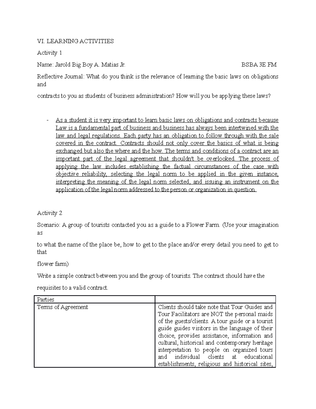 Law-Matias - sad - VI. LEARNING ACTIVITIES Activity 1 Name: Jarold Big ...