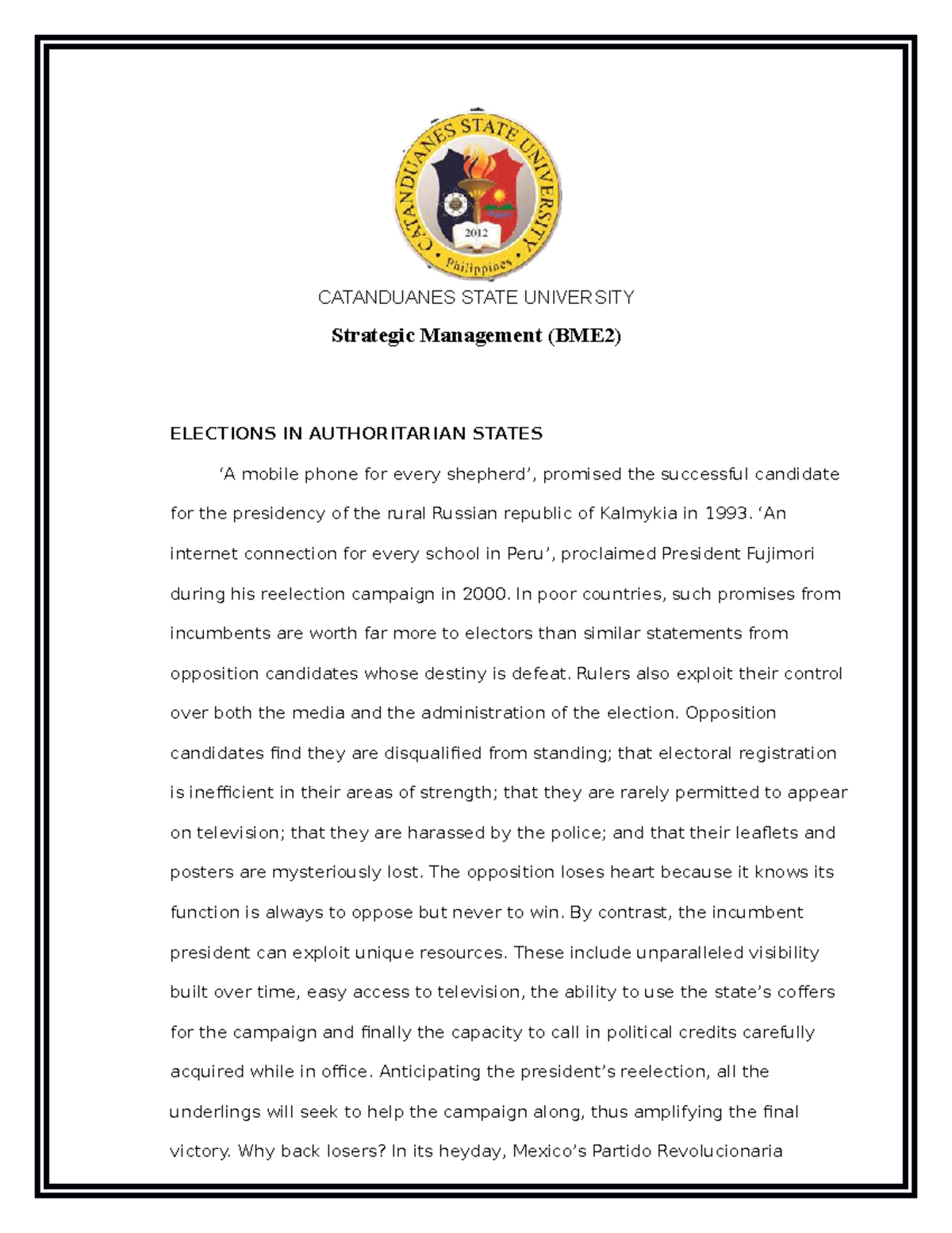 Strategic Management Elections IN Authoritarian States - CATANDUANES ...