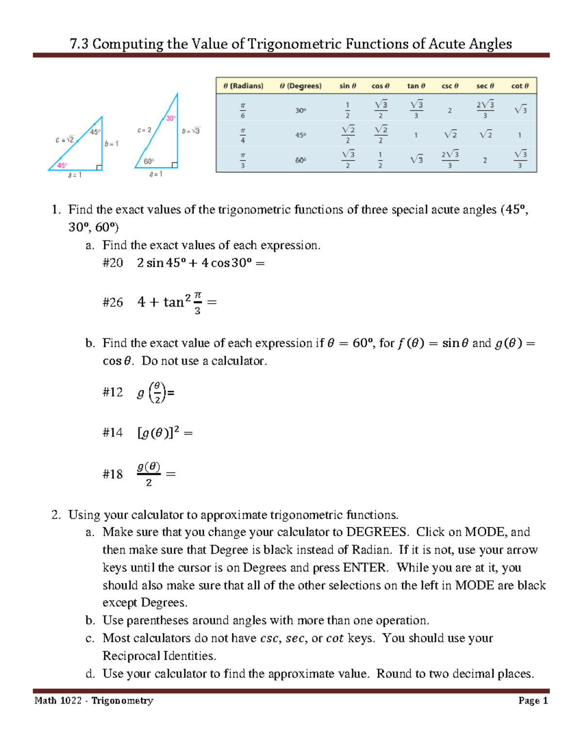 7 3 Values of Trigonometric Functions of Acute Angles 181221 - 7 ...