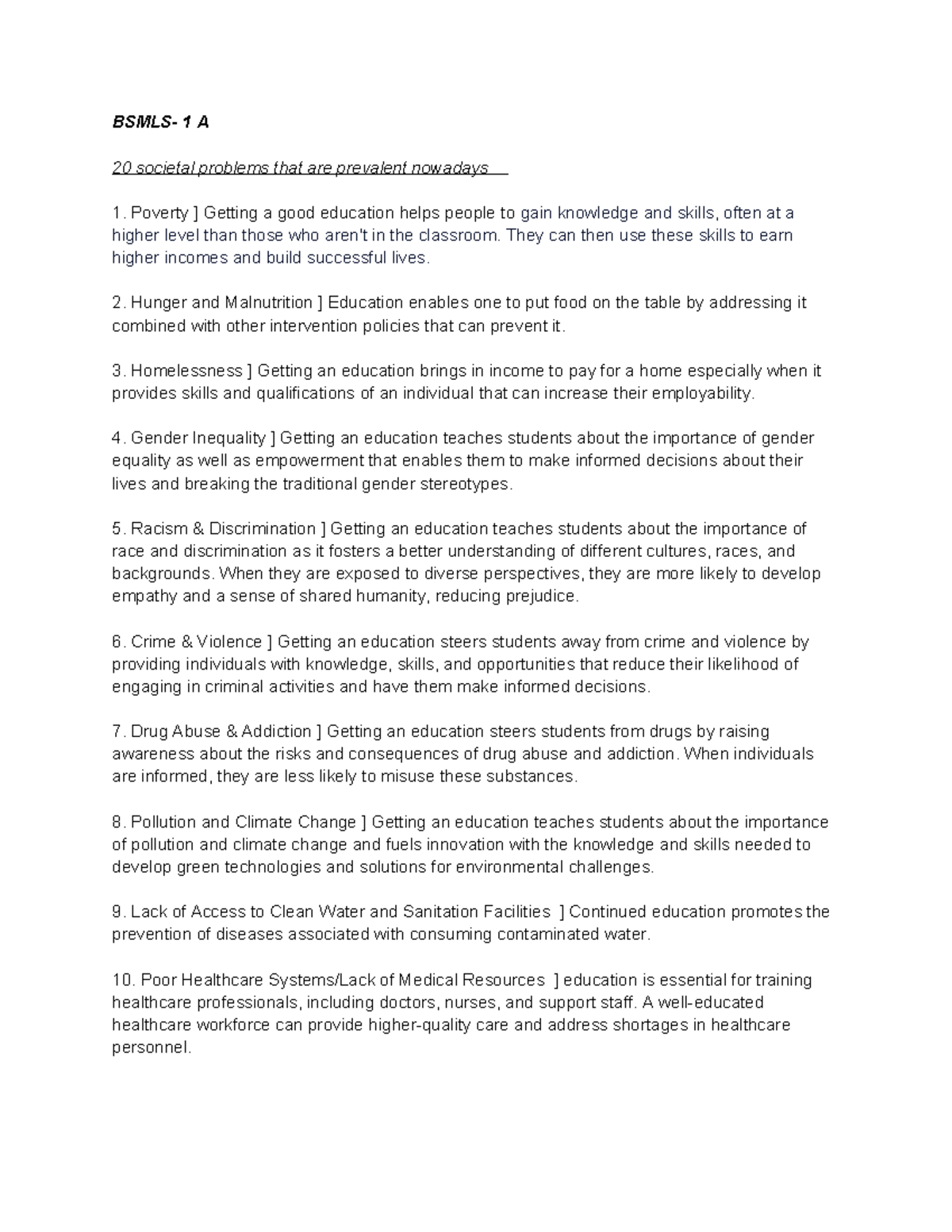 Rizal Societal Prevalent Problems - BSMLS- 1 A 20 societal problems ...