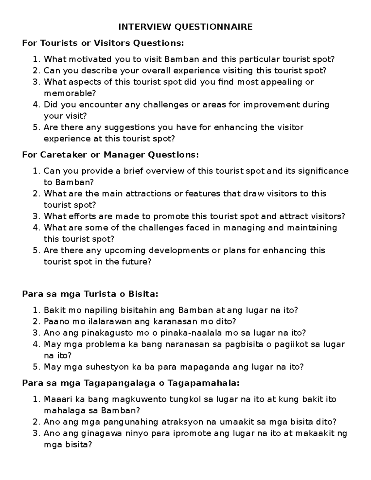 Interview Questionnaire for Fieldwork - INTERVIEW QUESTIONNAIRE For ...