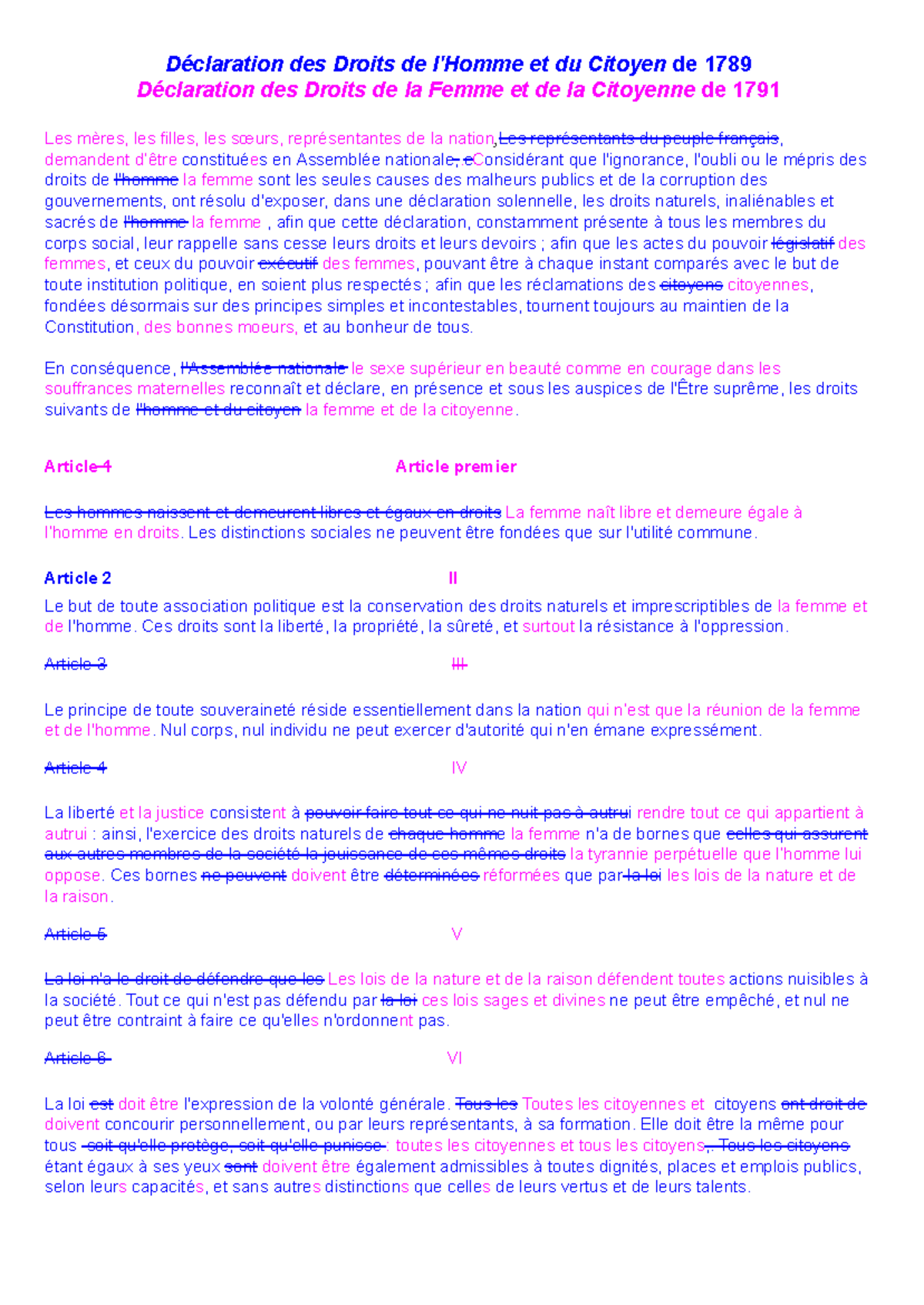 Comparaison des articles de la DDHC de 1789 et de la DDFC de 1791-1 ...