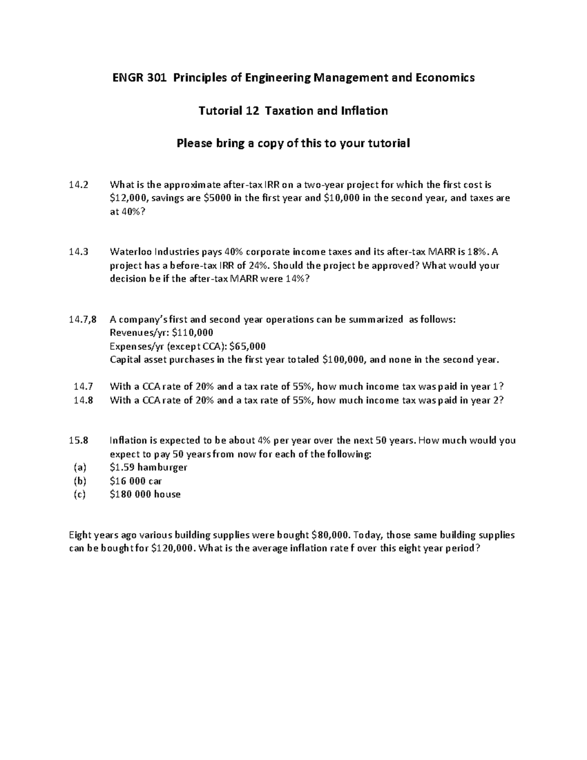 Tut12 - Tutorial 12 to be solved work for ENGR301 - ENGR 301 Principles of Engineering ...