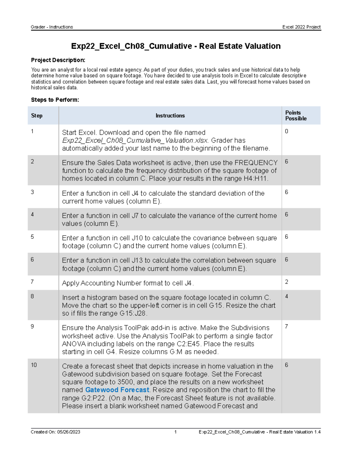 Exp22 Excel Ch08 Cumulative - Real Estate Valuation Instructions - Grader - Instructions Excel ...