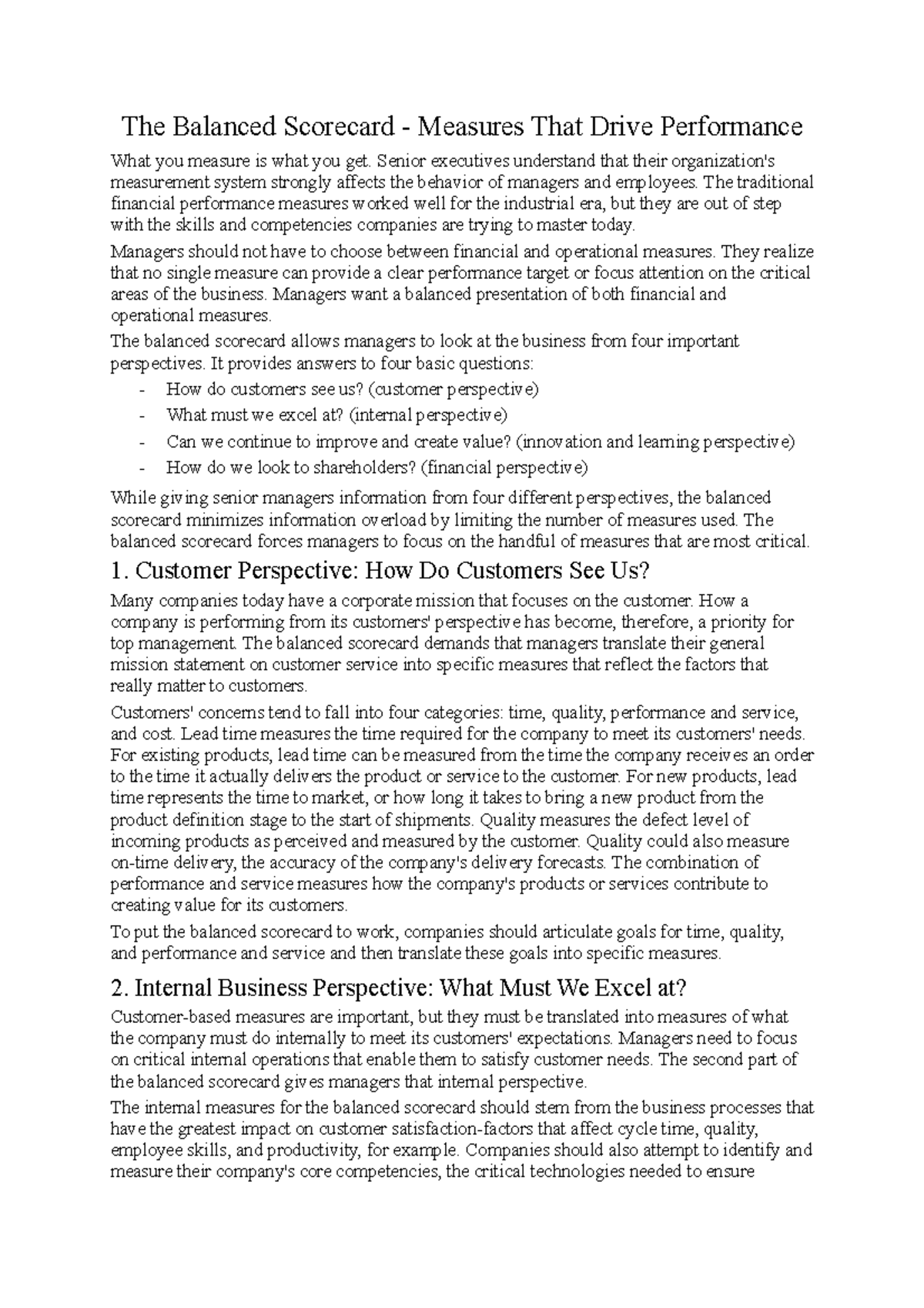 The Balanced Scorecard Zusammenfassung - The Balanced Scorecard - Measures That Drive ...