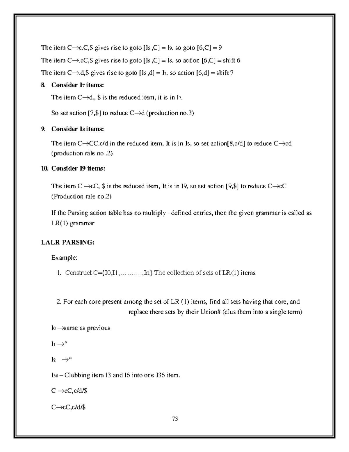 Compiler Design notes pdf- (19) - The item C→c,$ gives rise to goto [I ...