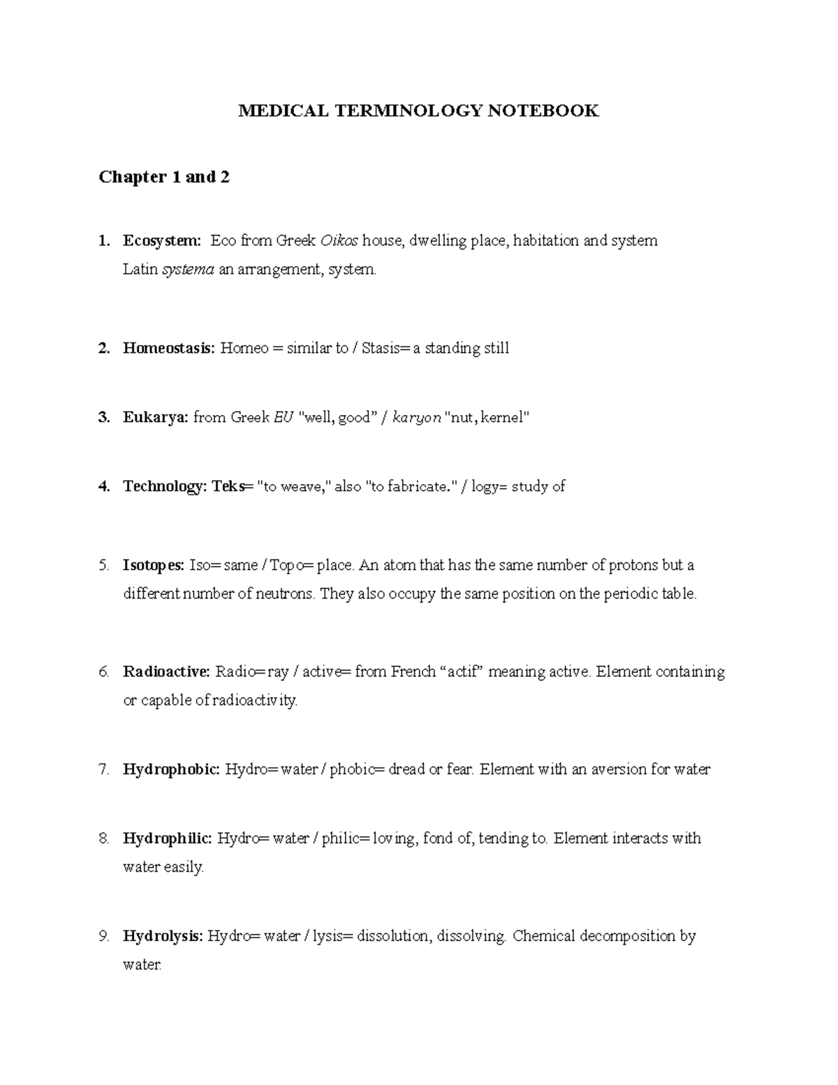 Medical Terminology Notebook - MEDICAL TERMINOLOGY NOTEBOOK Chapter 1 ...