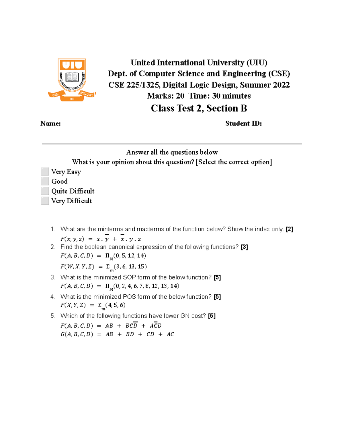 Class Test 2 Summer 2022 DLD B - United International University (UIU ...