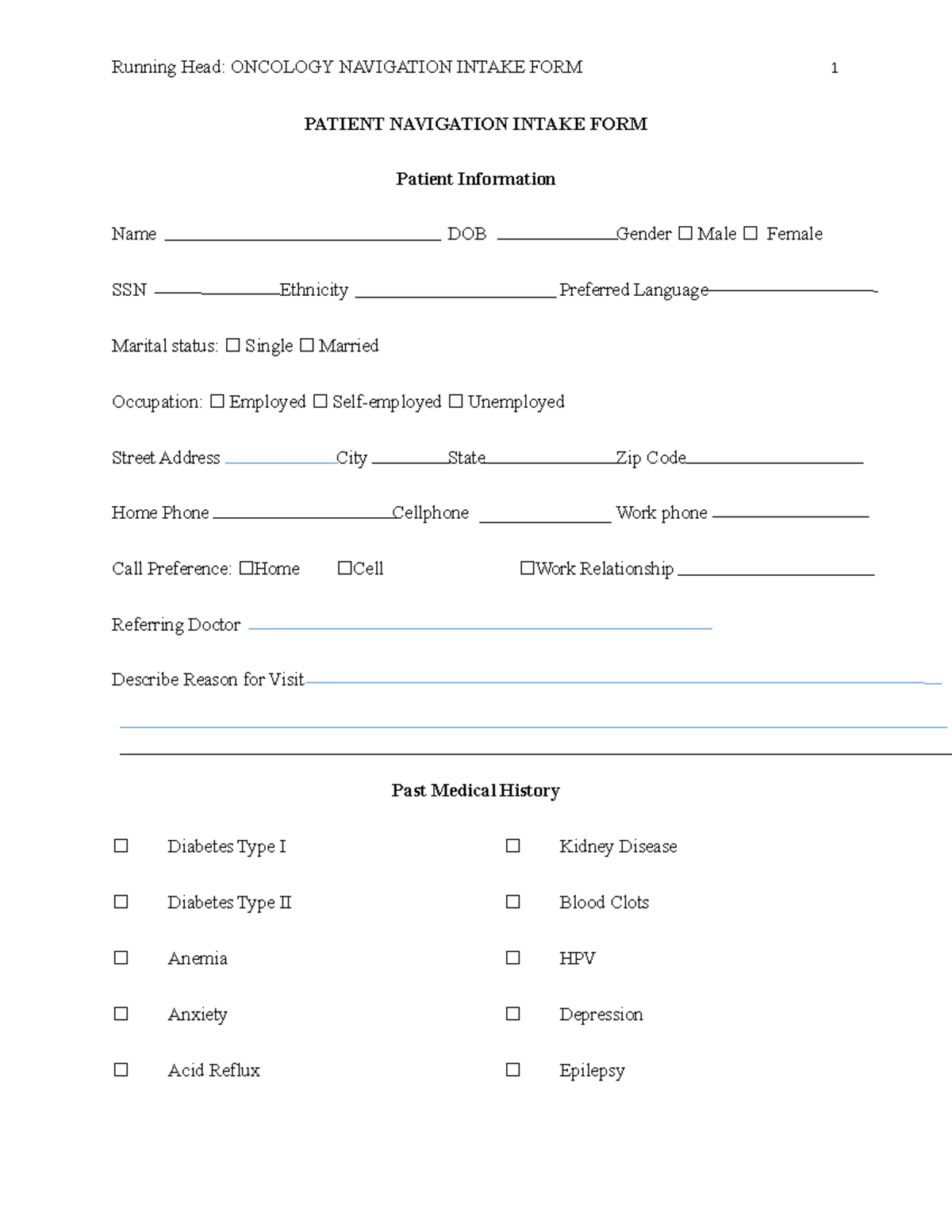 Patient Navigation Intake FORM - Running Head: ONCOLOGY NAVIGATION ...