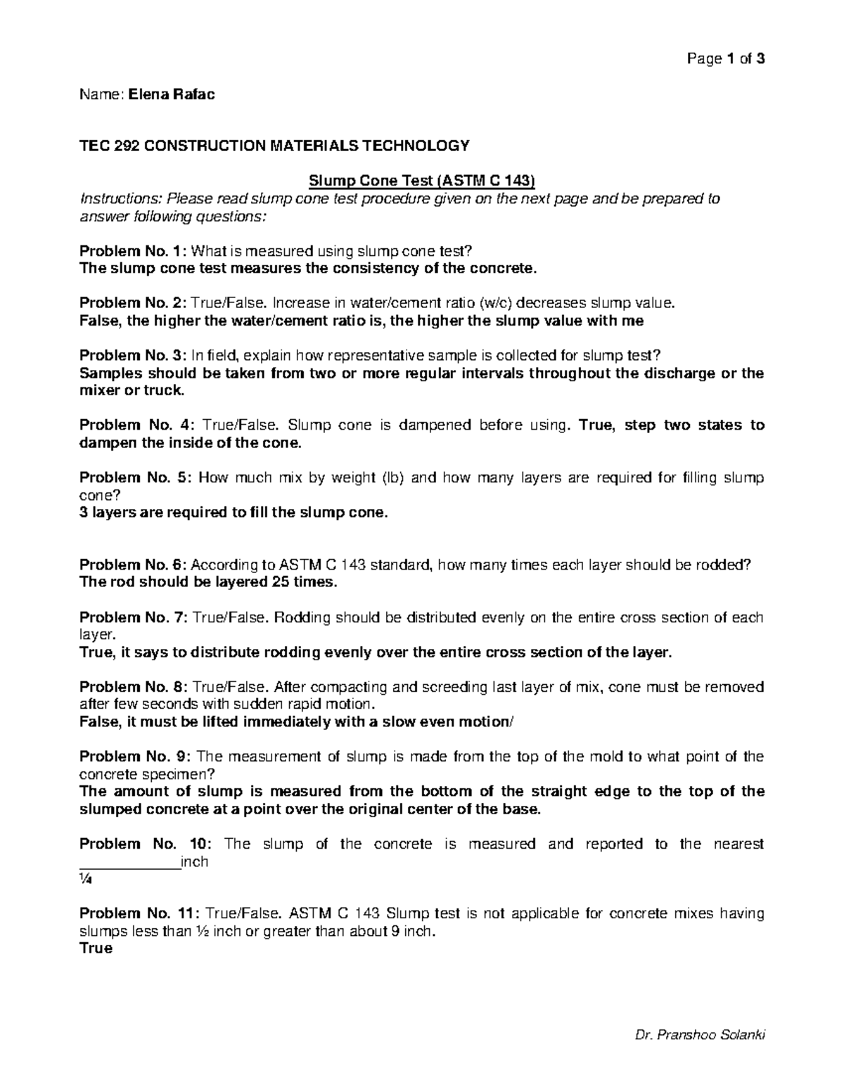 Slump Cone Assignment - Page 1 of 3 Dr. Pranshoo Solanki Name: Elena ...