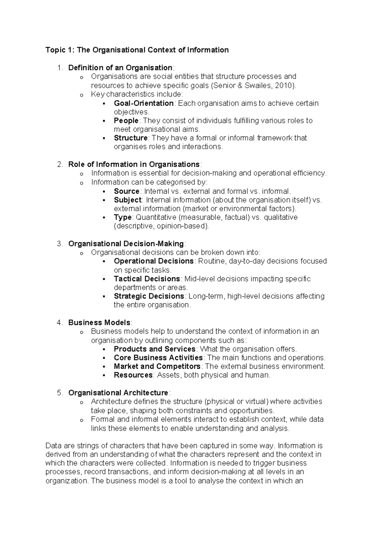 ICT292 - Summary Information systems - Topic 1: The Organisational ...