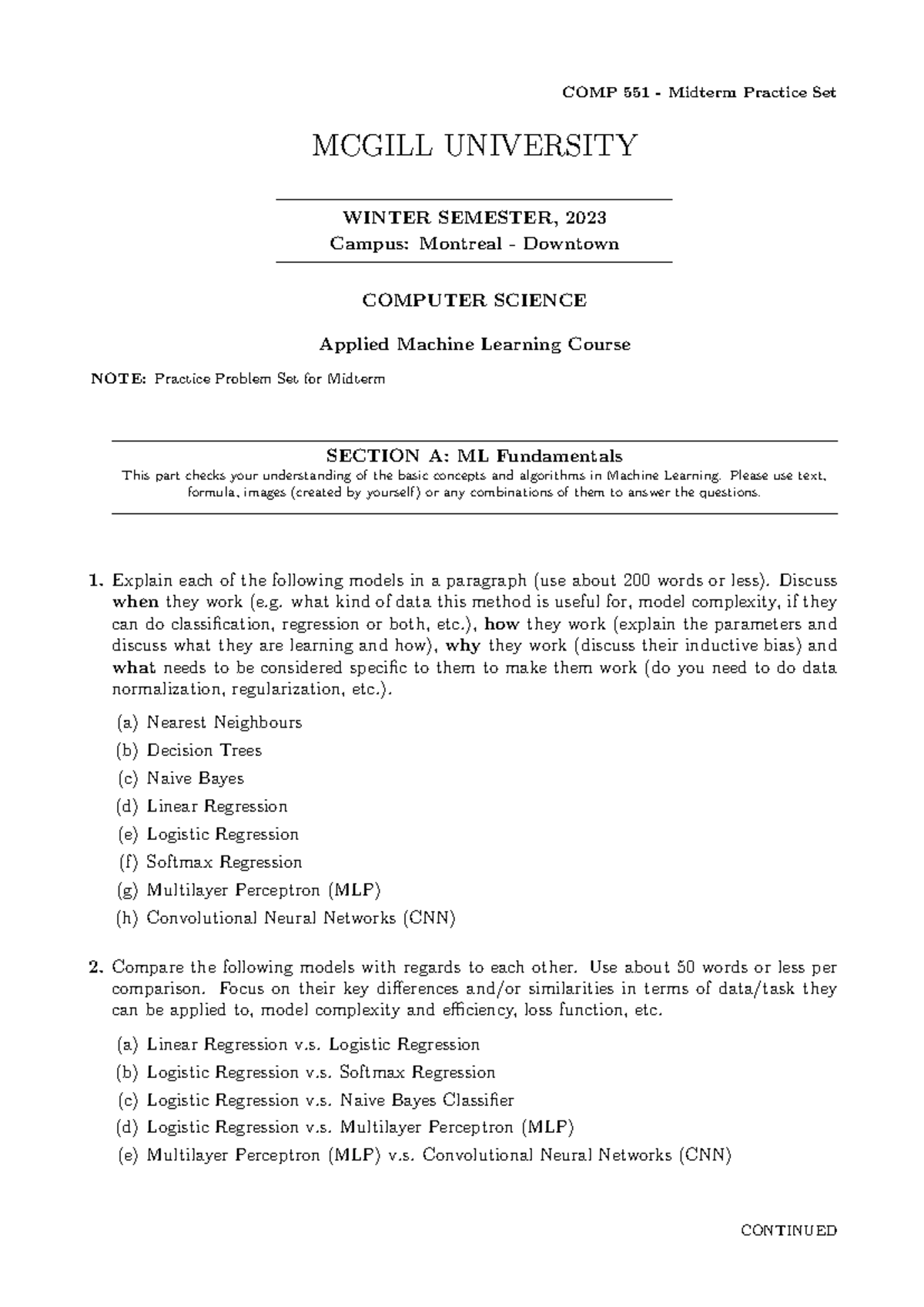 551w23midterm-practice - COMP 551 - Midterm Practice Set MCGILL ...