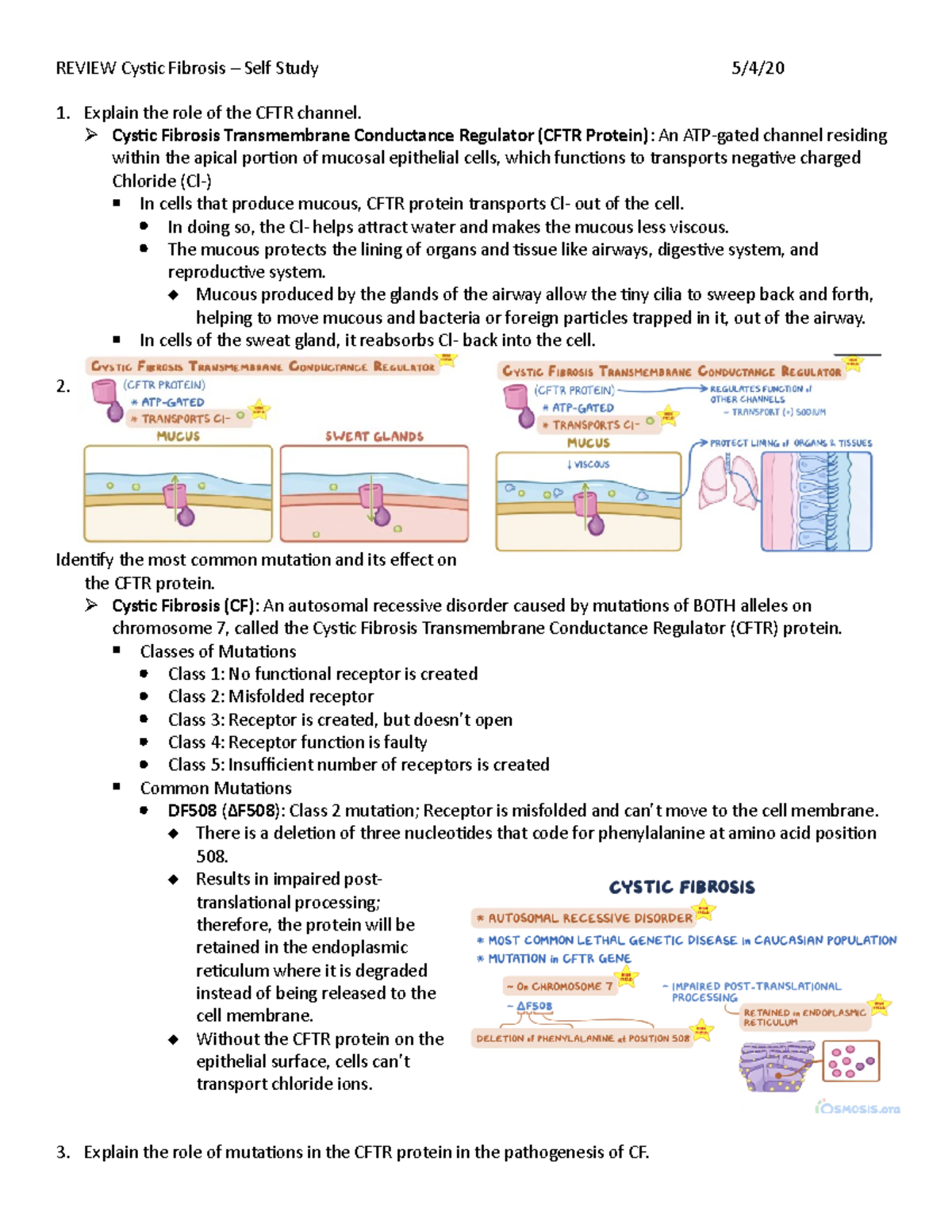 Review Cystic Fibrosis - Explain the role of the CFTR channel. Cystic ...
