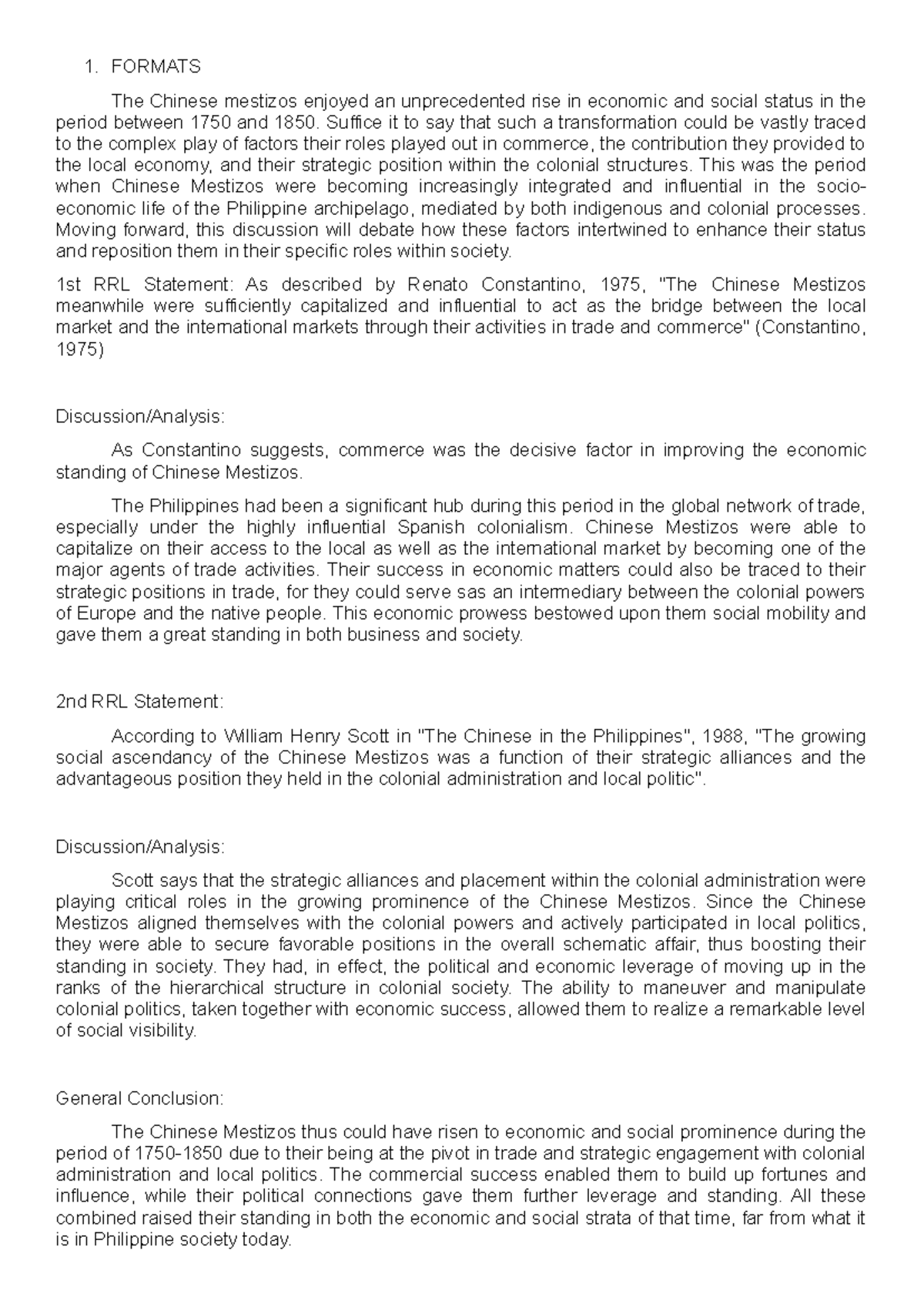 Assignment 1 - rizal - 1. FORMATS The Chinese mestizos enjoyed an ...