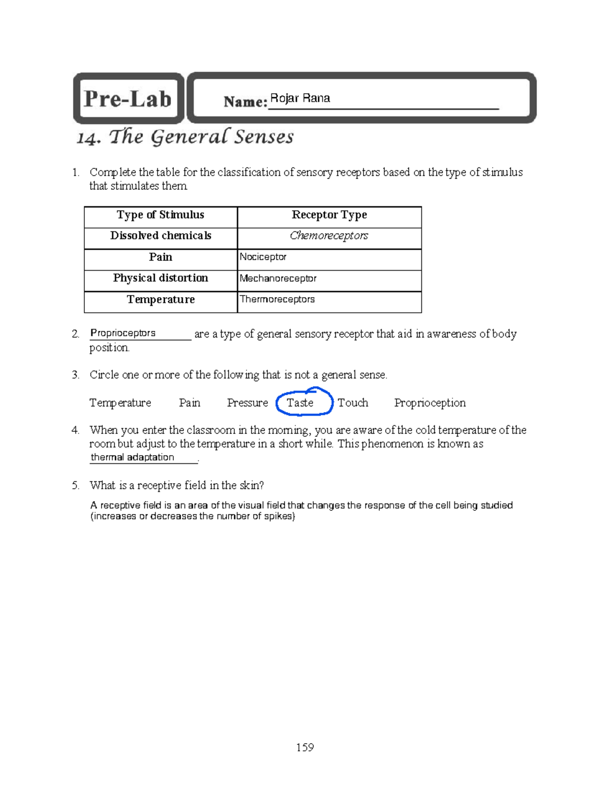 Lab 14 wksht - The general senses lab worksheet - 159 Complete the ...