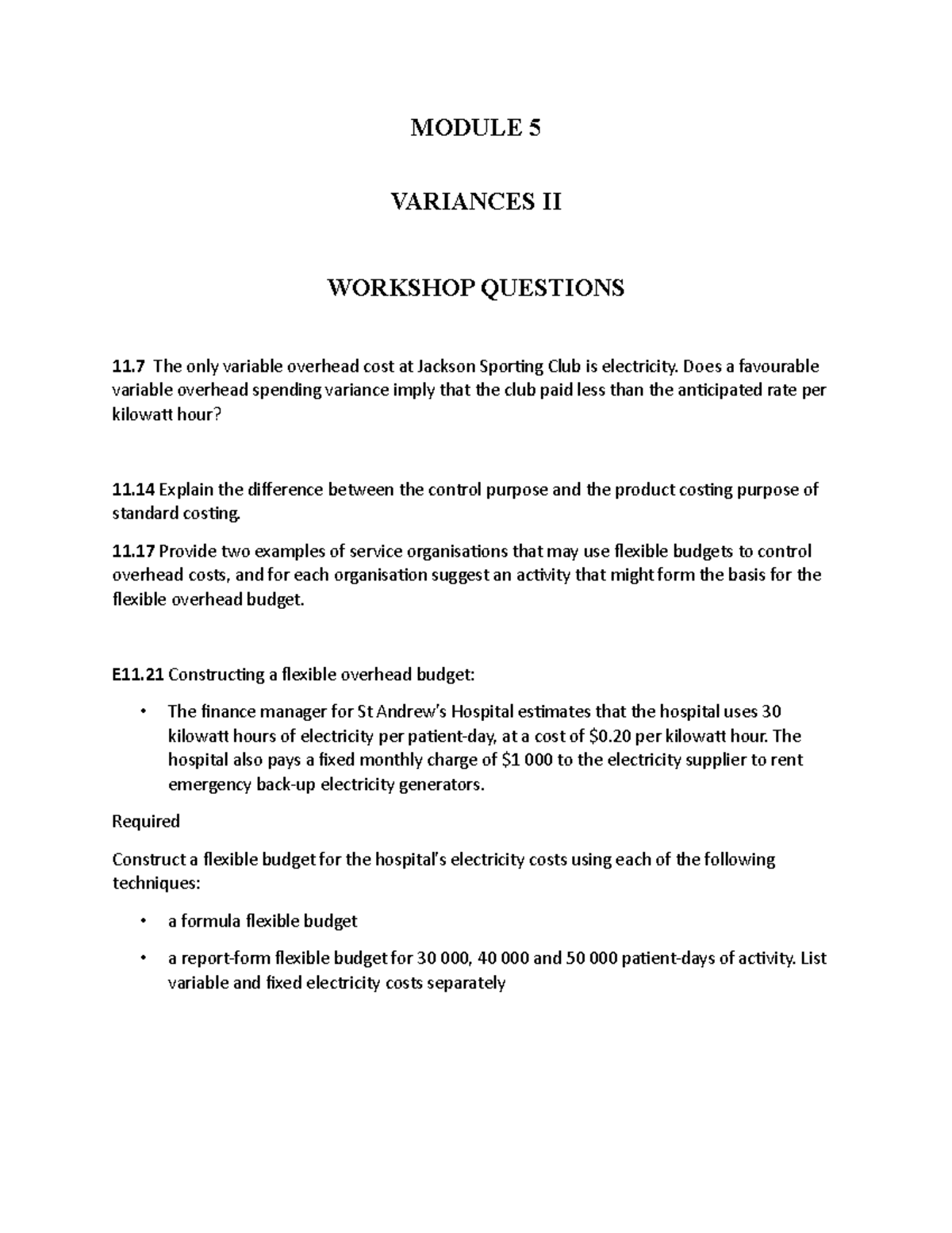 Module 5 Variances II Workshop Questions - MODULE 5 VARIANCES II ...