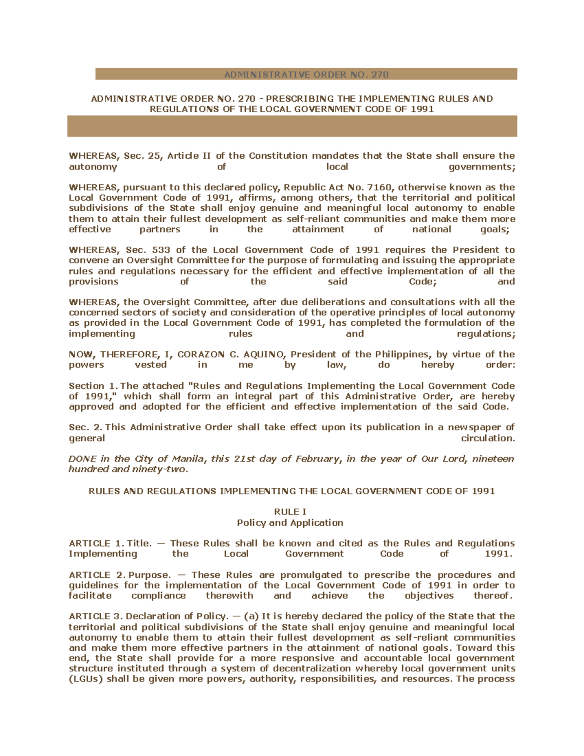 Local Government Code- IRR - ADMINISTRATIVE ORDER NO. 270 ...