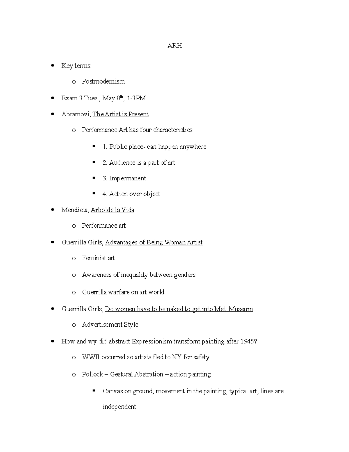 ARH 5-5-18 - ARH Key terms: o Postmodernism Exam 3 Tues., May 8th, 1 ...