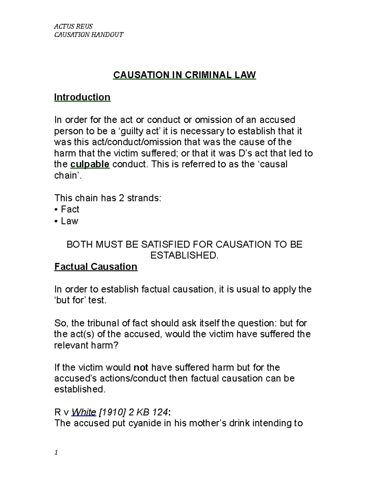 Causation - Goodluck - CAUSATION HANDOUT CAUSATION IN CRIMINAL LAW ...