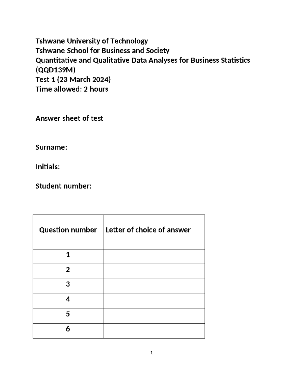 Test 1 of 2024 answer sheet - STA111B - Tshwane University of ...