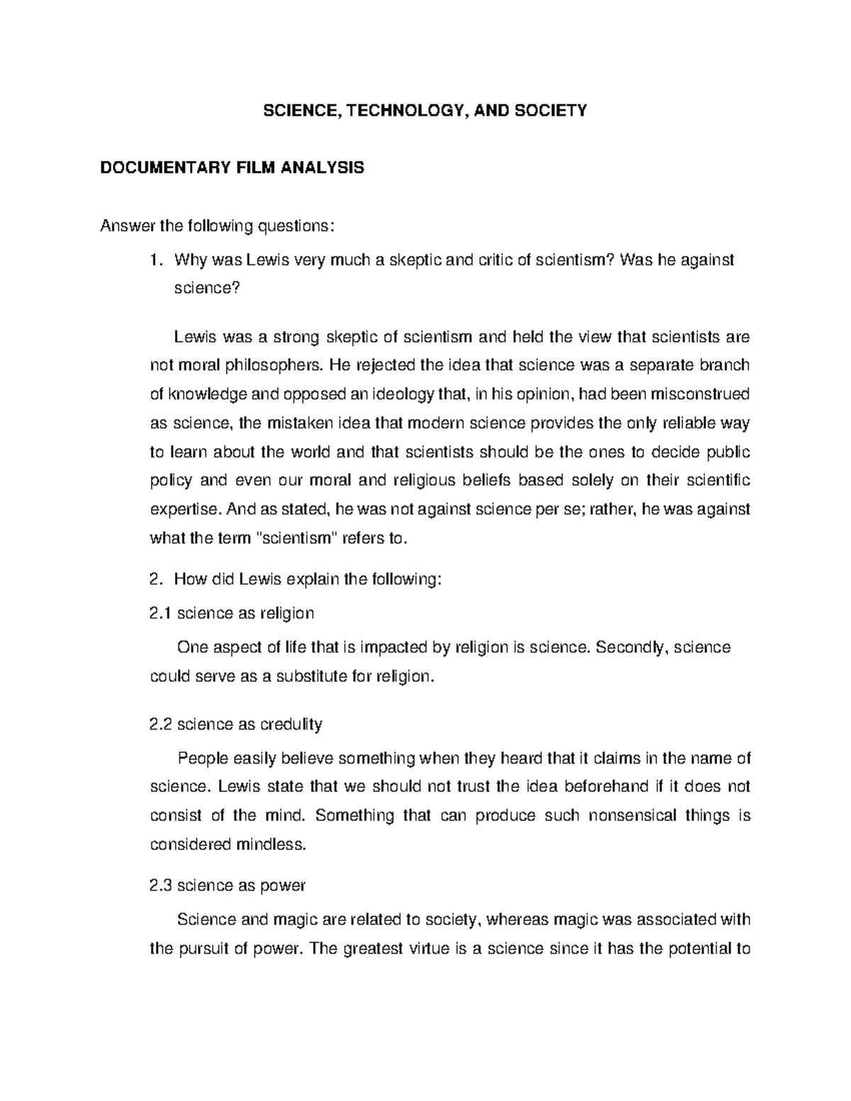 DFA - Activity - Assignment - SCIENCE, TECHNOLOGY, AND SOCIETY ...