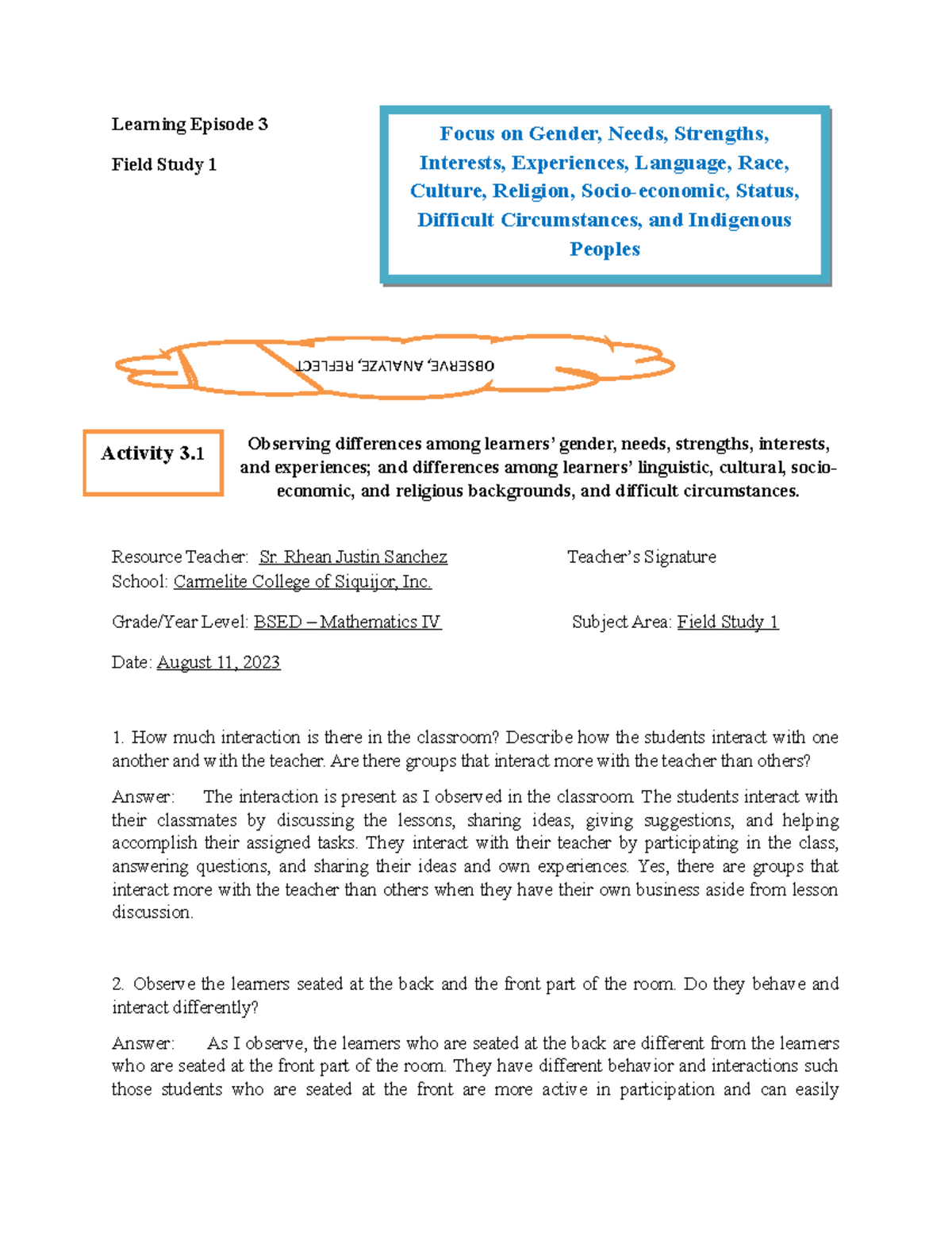 Field Study 1 greytel ocso episode 3 5 - OBSERVE, ANALYZE, REFLECT ...