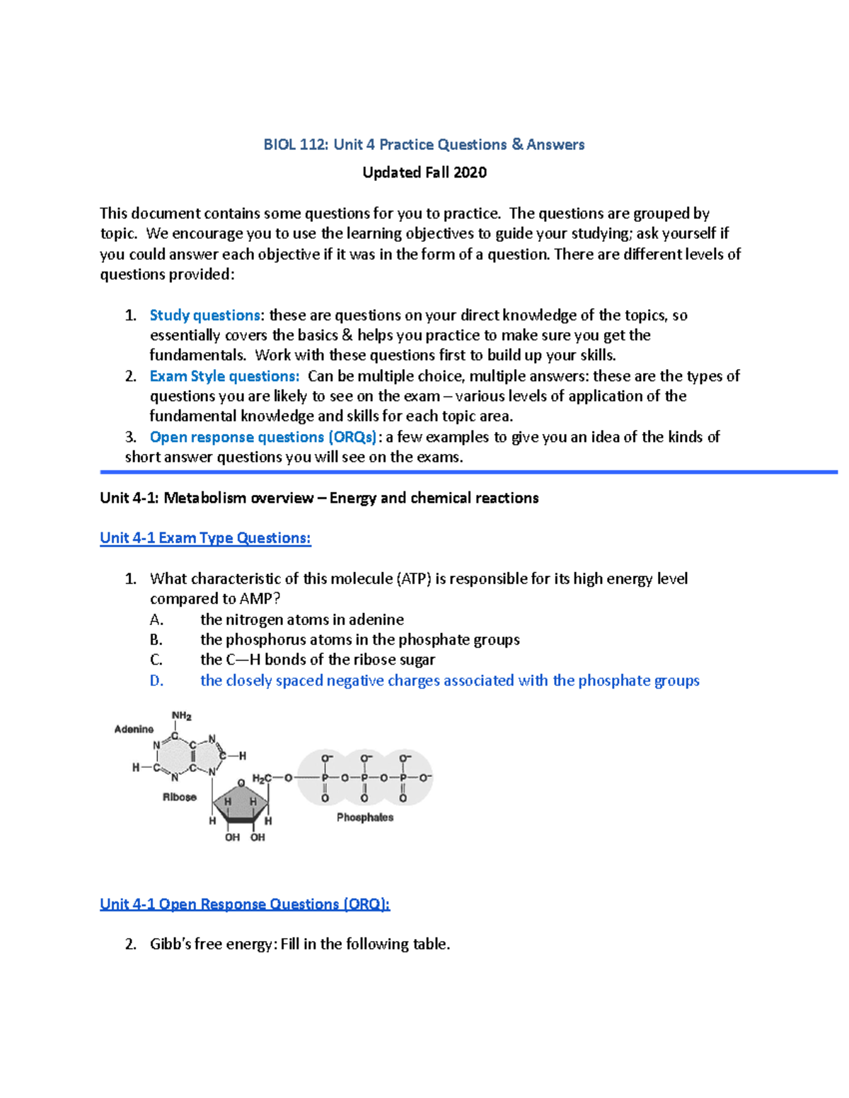 BIOL 112 Unit 4 Practice Q&A Student version - BIOL 112: Unit 4 ...