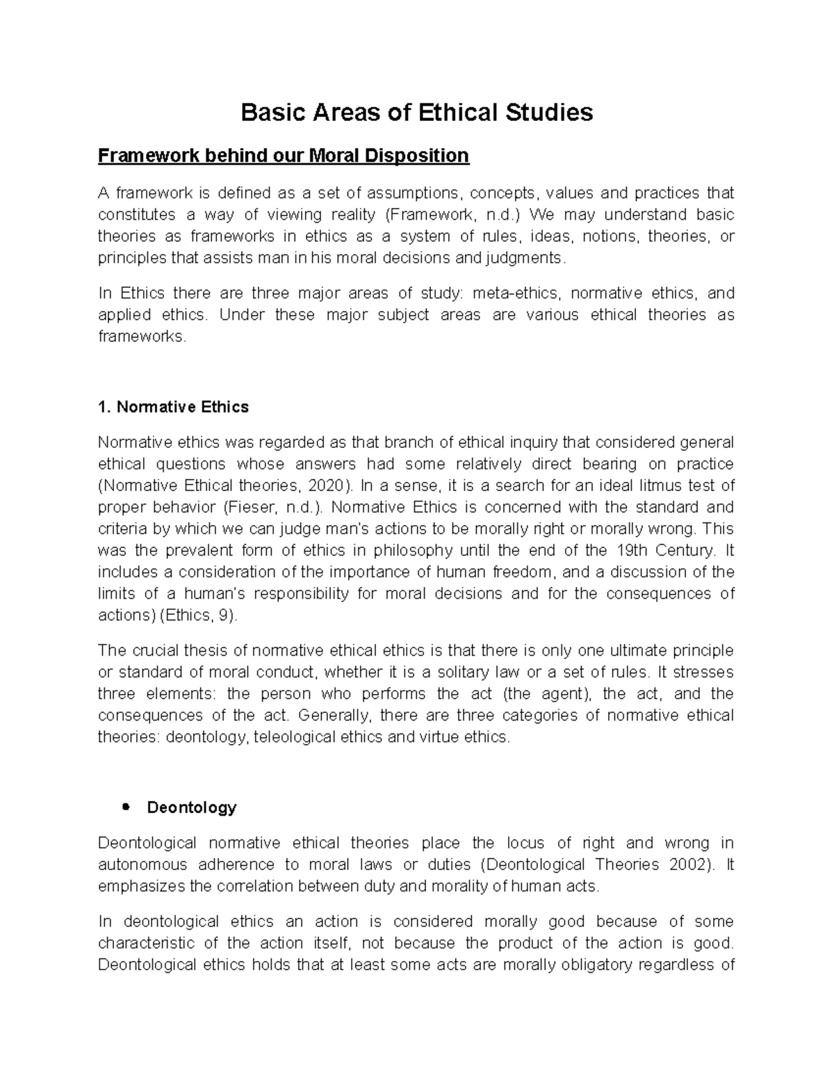 Ethics 7 - Basic Areas of Ethical Studies Framework behind our Moral ...