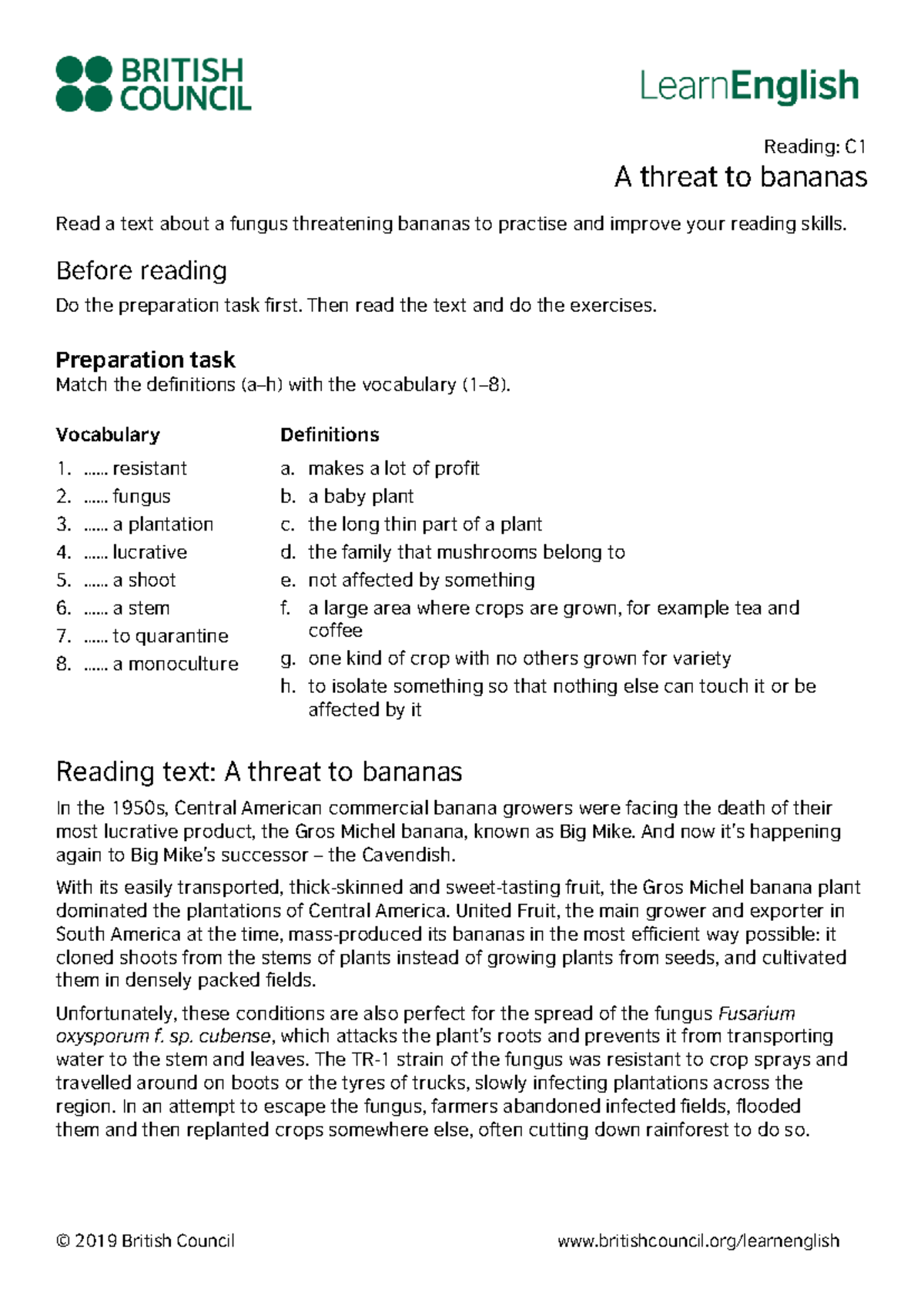 Learn English Reading C1 A threat to bananas - Reading: C A threat to ...
