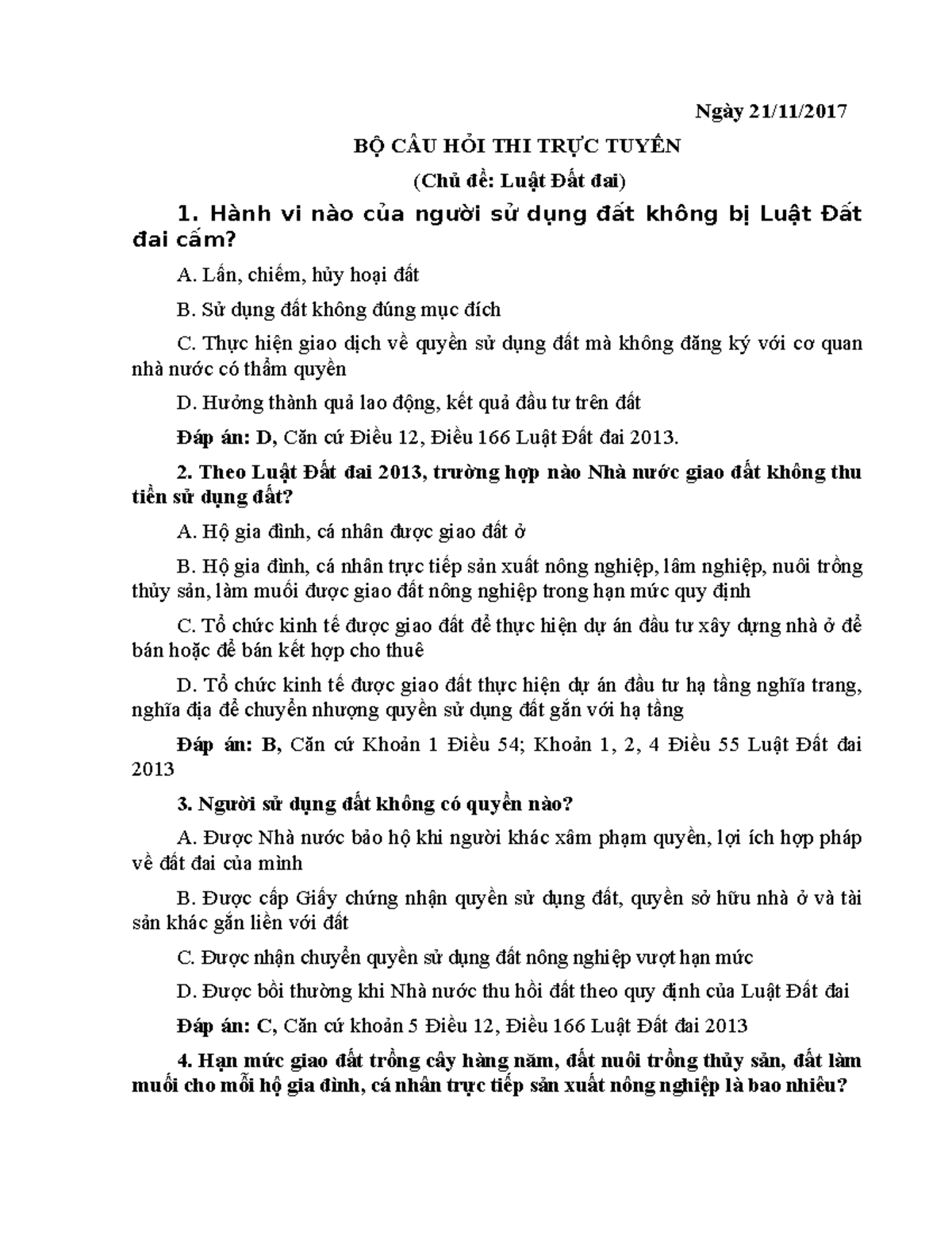 Dap an Bo Cau hoi ve Luat dat dai - Ngày 21/11/ BỘ CÂU HỎI THI TRỰC ...