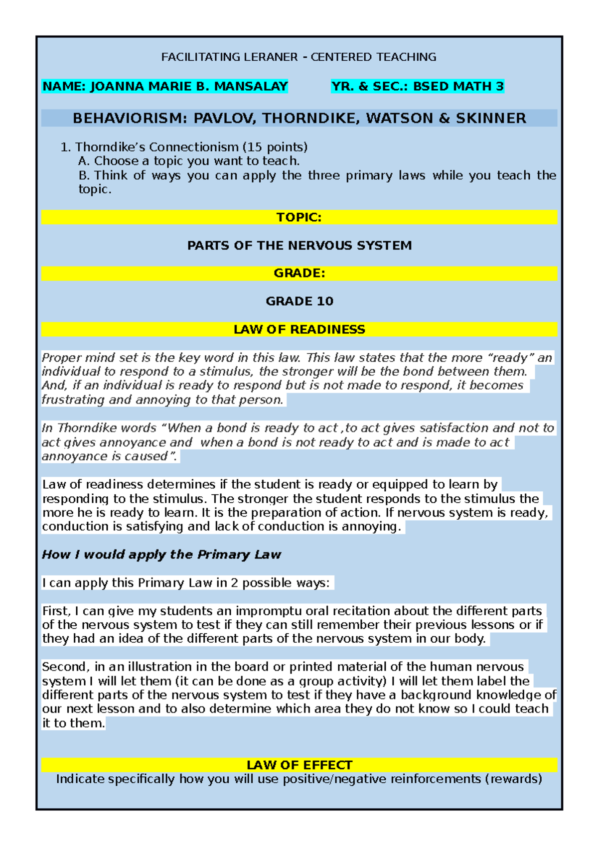 Behaviorism - notes - FACILITATING LERANER - CENTERED TEACHING NAME ...